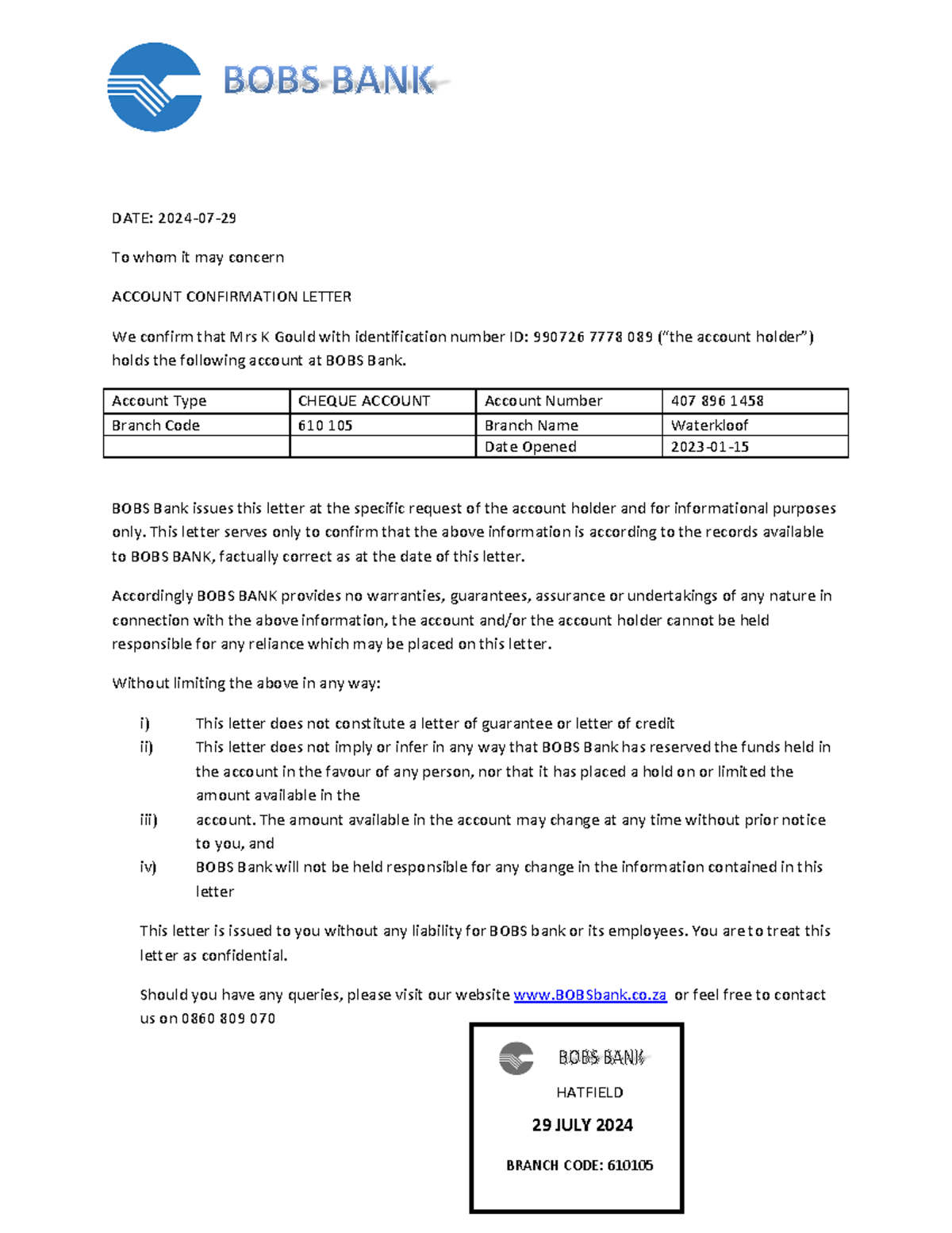 Confirmation Letter - HELP WITH CALCULATION OF TAX RETURN - DATE: 2024 ...