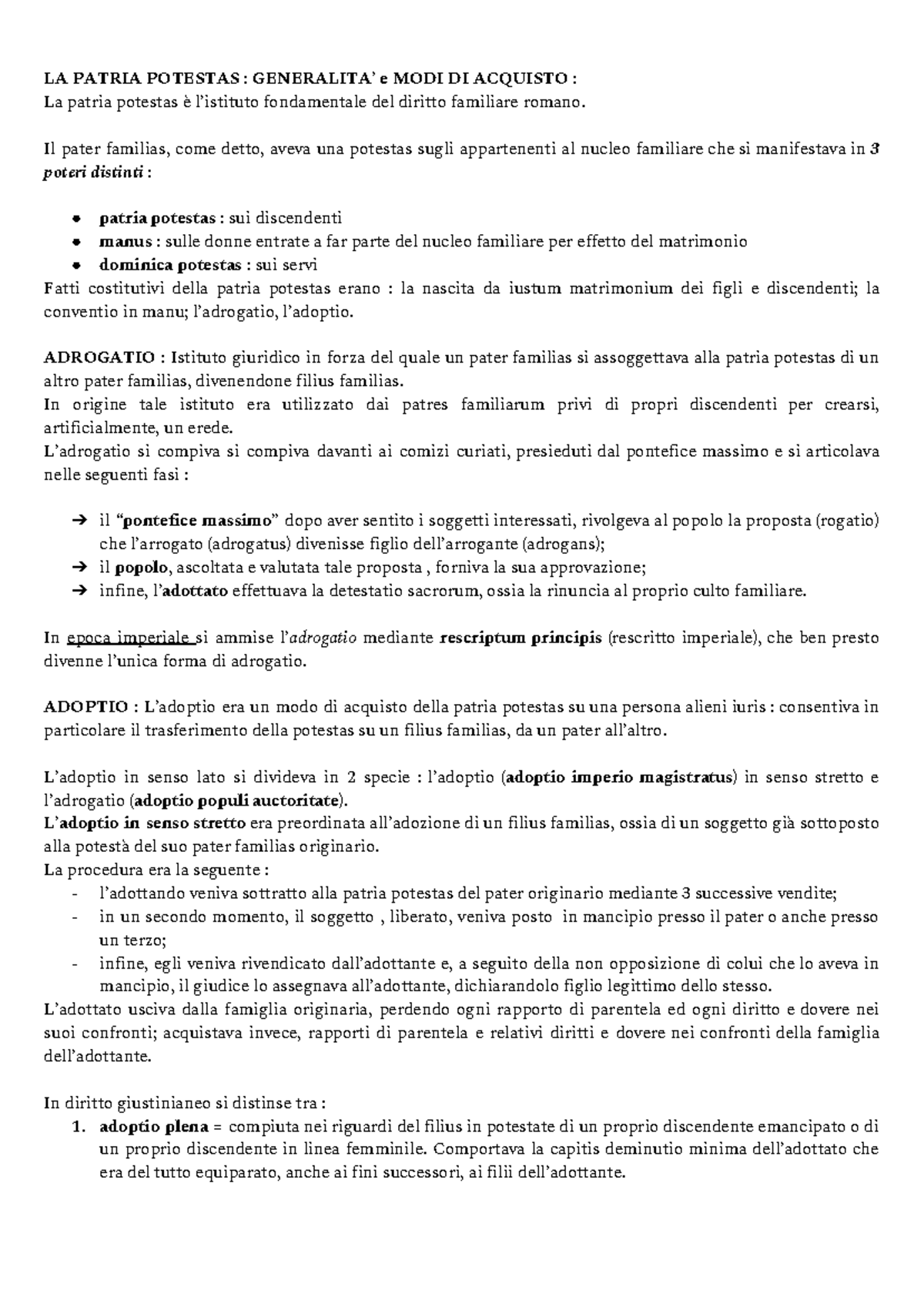 Adoptio, adrogatio ,emancipatio - LA PATRIA POTESTAS : GENERALITA’ e ...