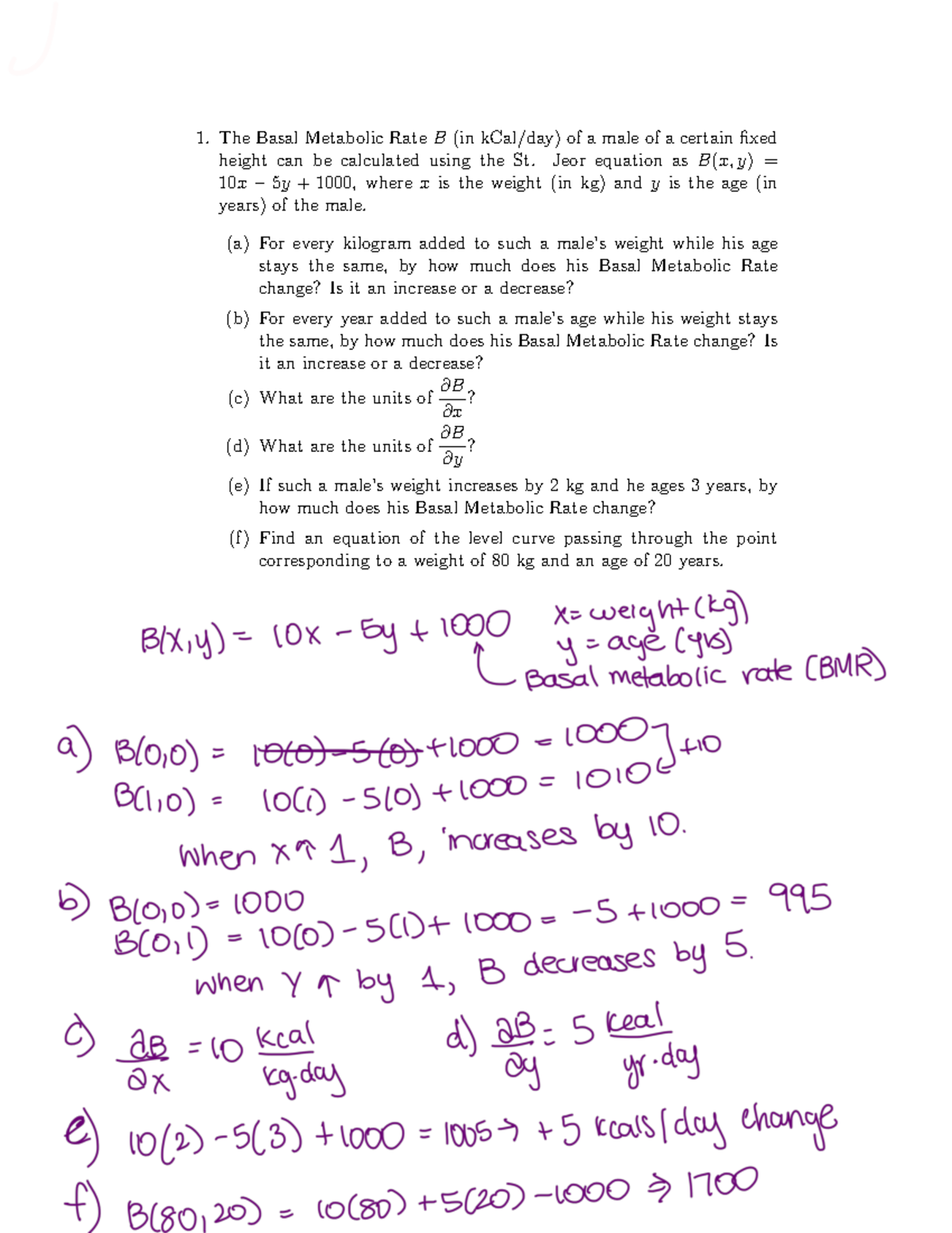 Test 1 Review Problems - The Basal Metabolic Rate B (in kCal/day) of a ...