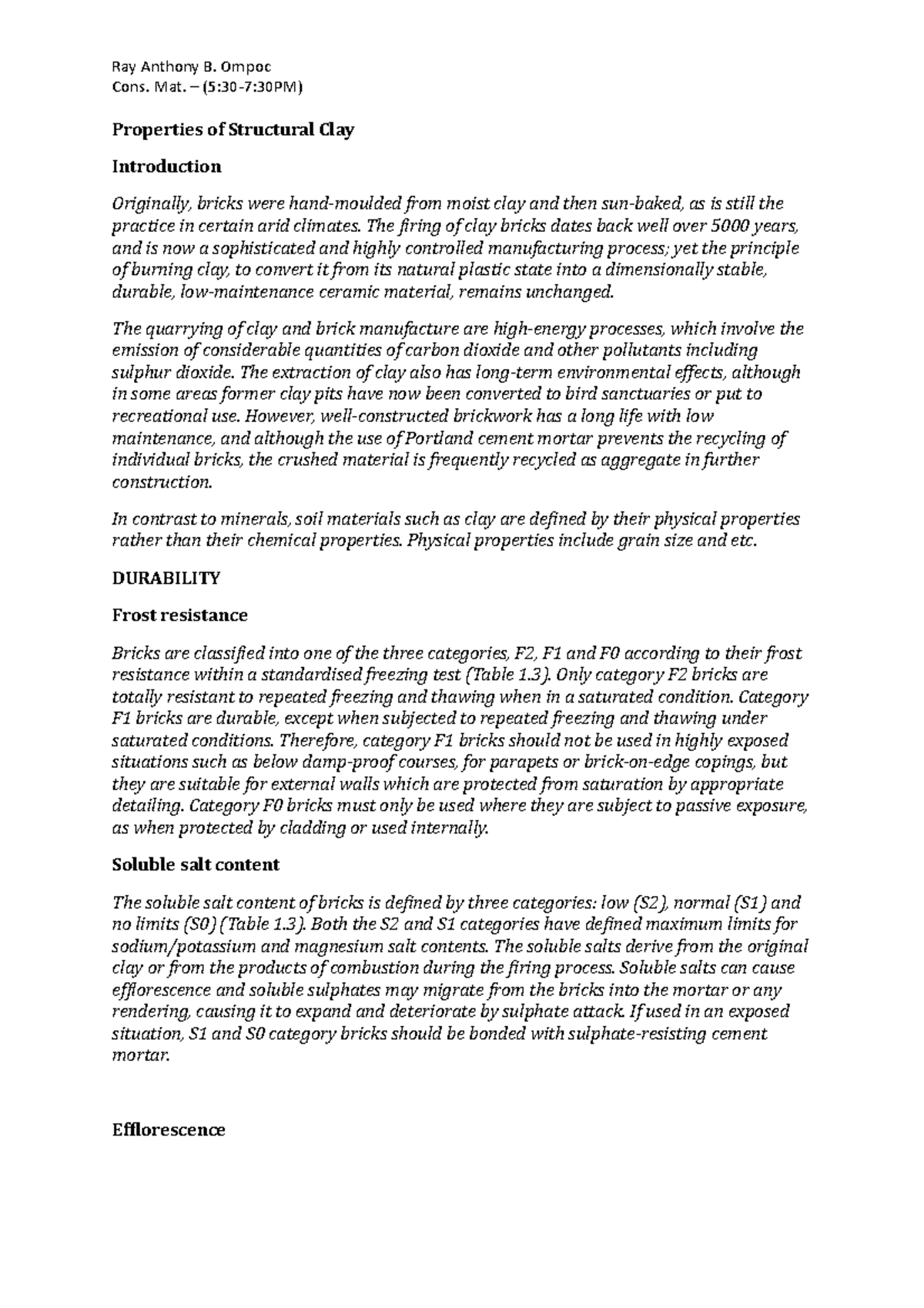 2. Properties of Structural Clay Written Report - Ray Anthony B. Ompoc ...