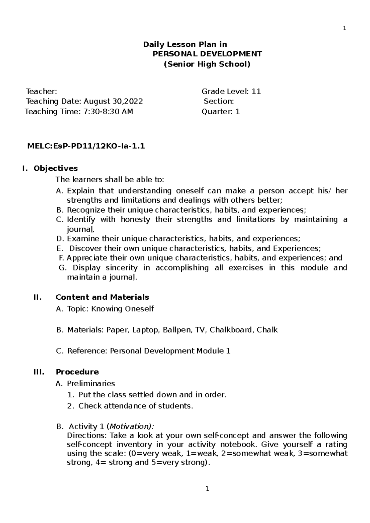 SELF-c Oncept DLL - 1 Daily Lesson Plan in PERSONAL DEVELOPMENT (Senior ...