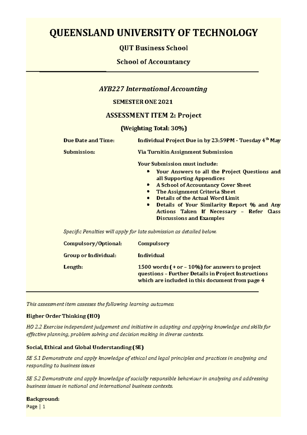 AYB227 Maj Project Ass Task 18b BB Sem One 2021 - QUEENSLAND UNIVERSITY ...