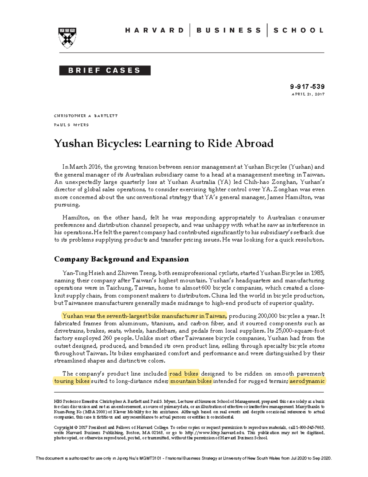 Yunshan case final case study - HBS Professor Emeritus Christopher A ...
