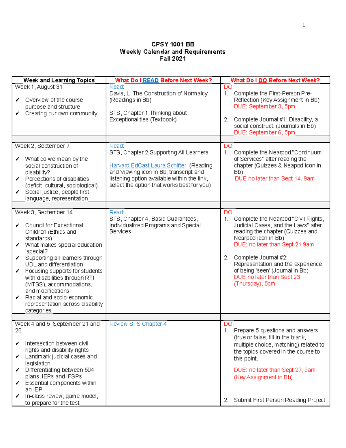 Week by Week 3 Column CPSY 1001 F21 - 1 CPSY 1001 BB Weekly Calendar ...