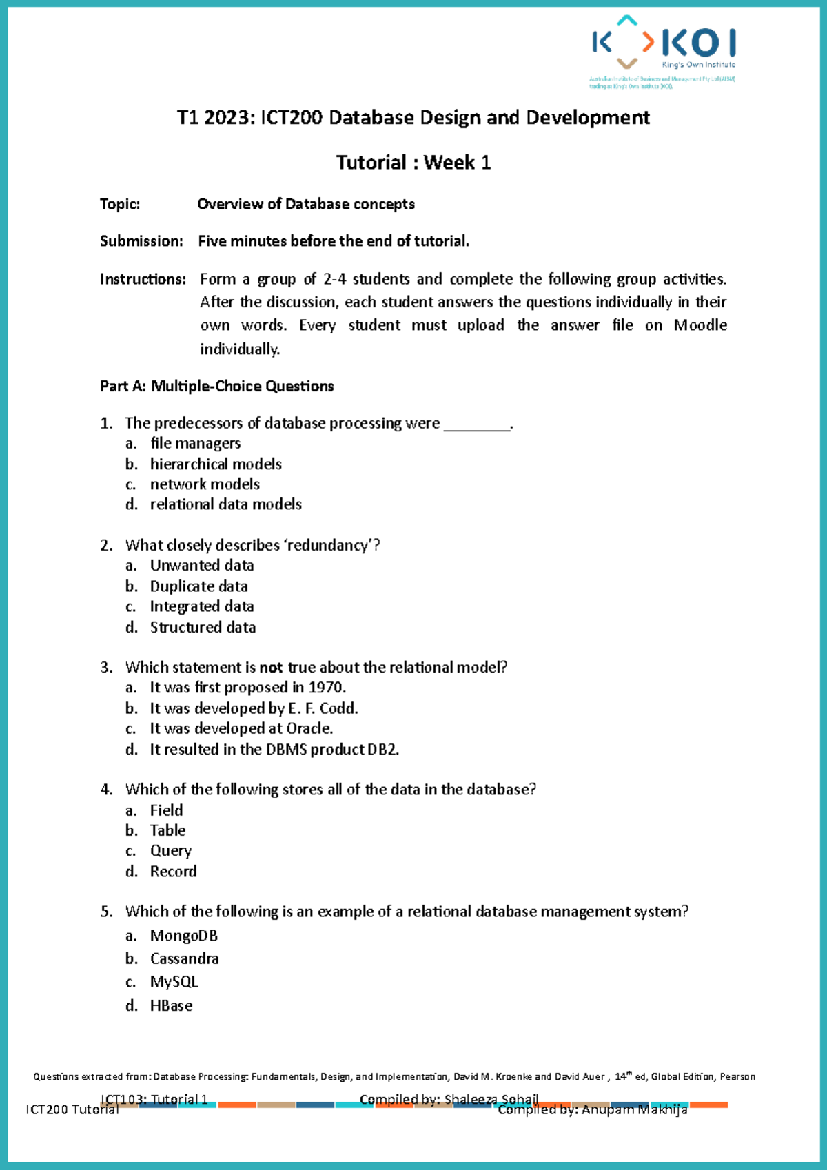 ICT200 T123 Tutorial 1 - T1 2023: ICT200 Database Design and ...
