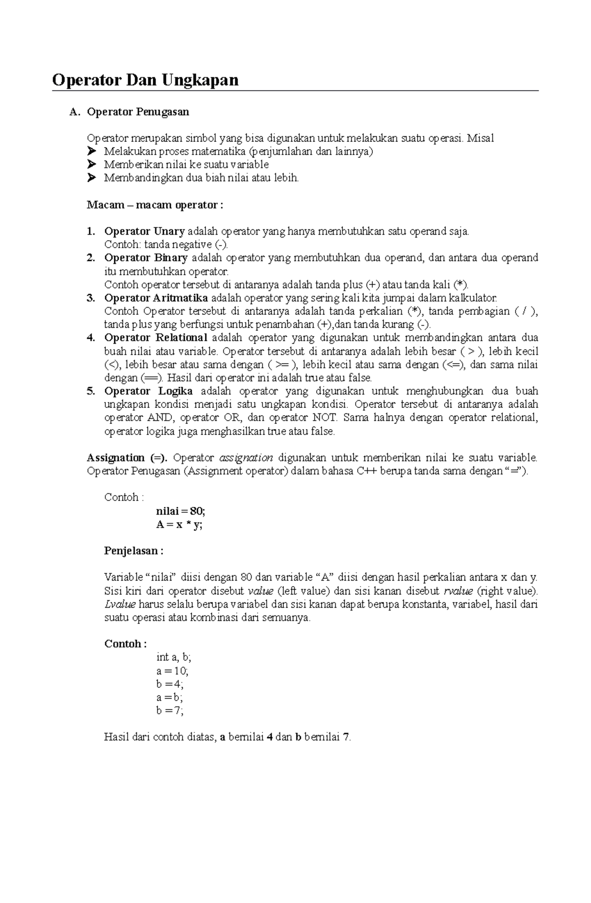 Operator Dan Ungkapan - Operator Penugasan Operator merupakan simbol ...