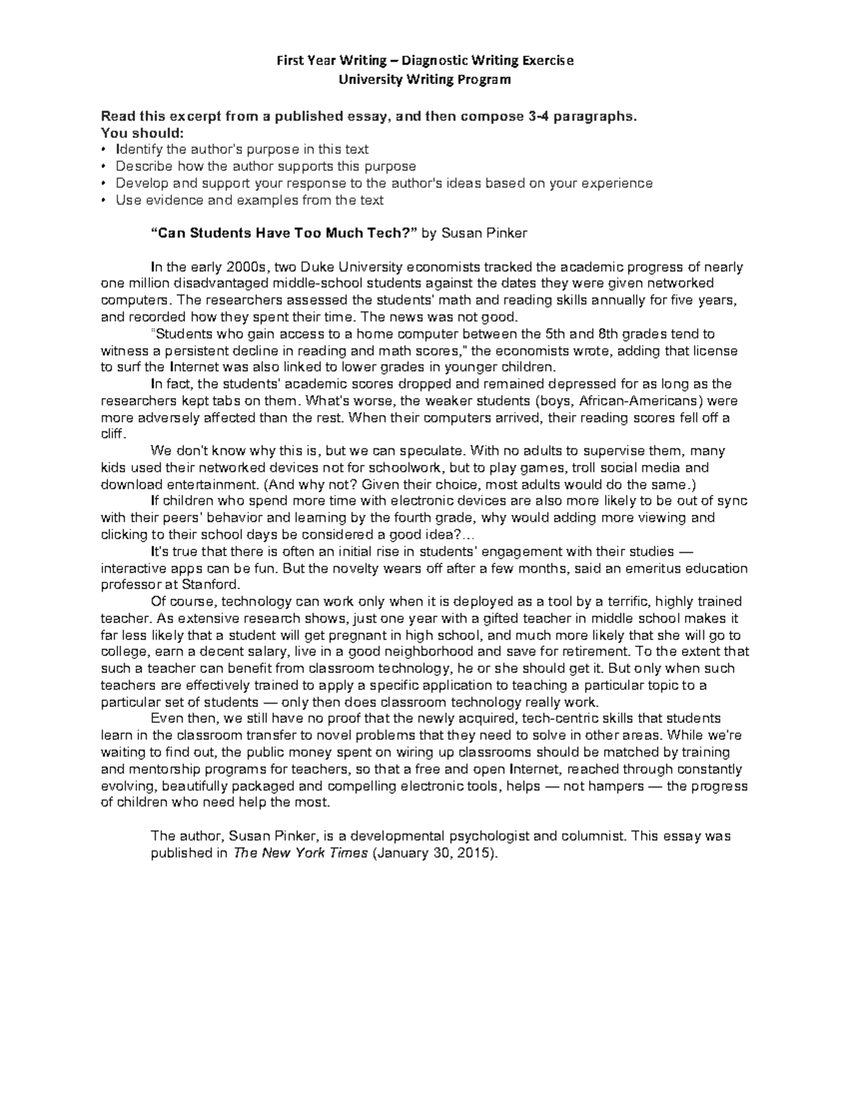 Diagnostic Essay Pinker Can Students Have Too Much Tech - First Year ...