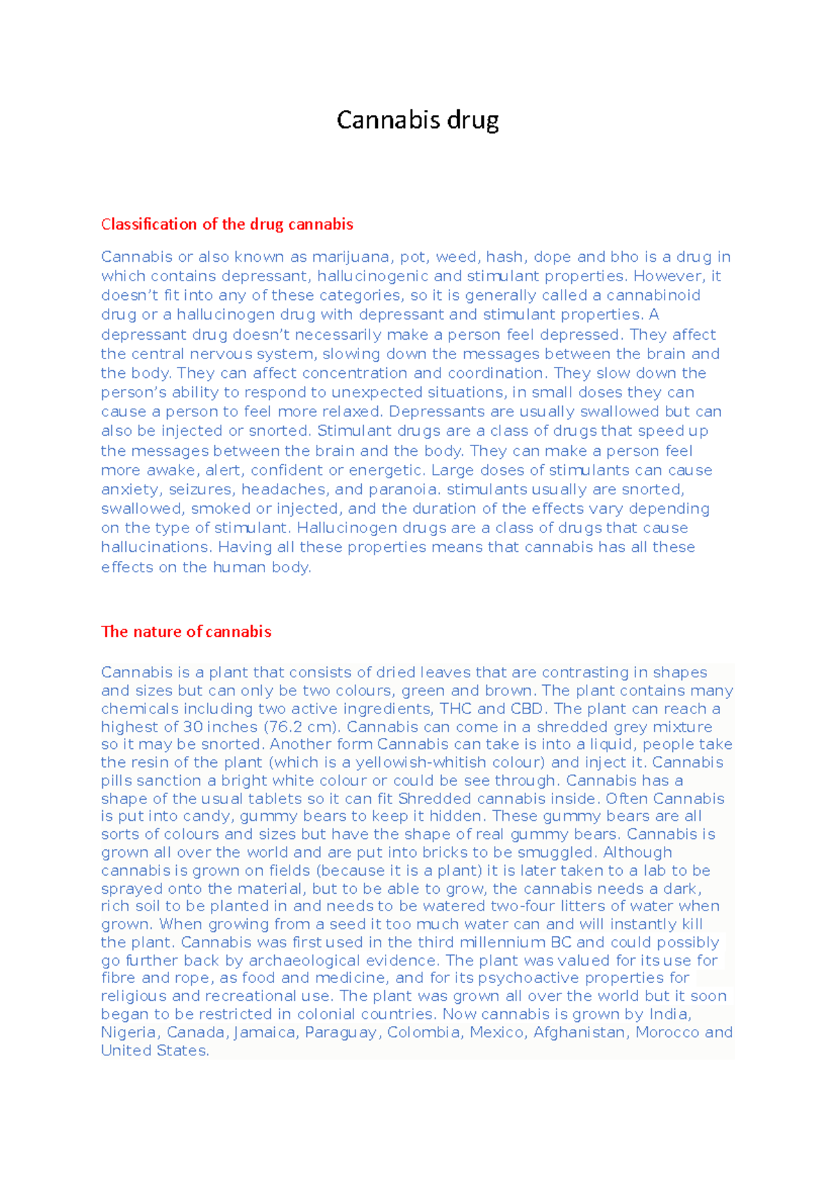 Cannabis drug - detailed course work - Cannabis drug Classification of ...
