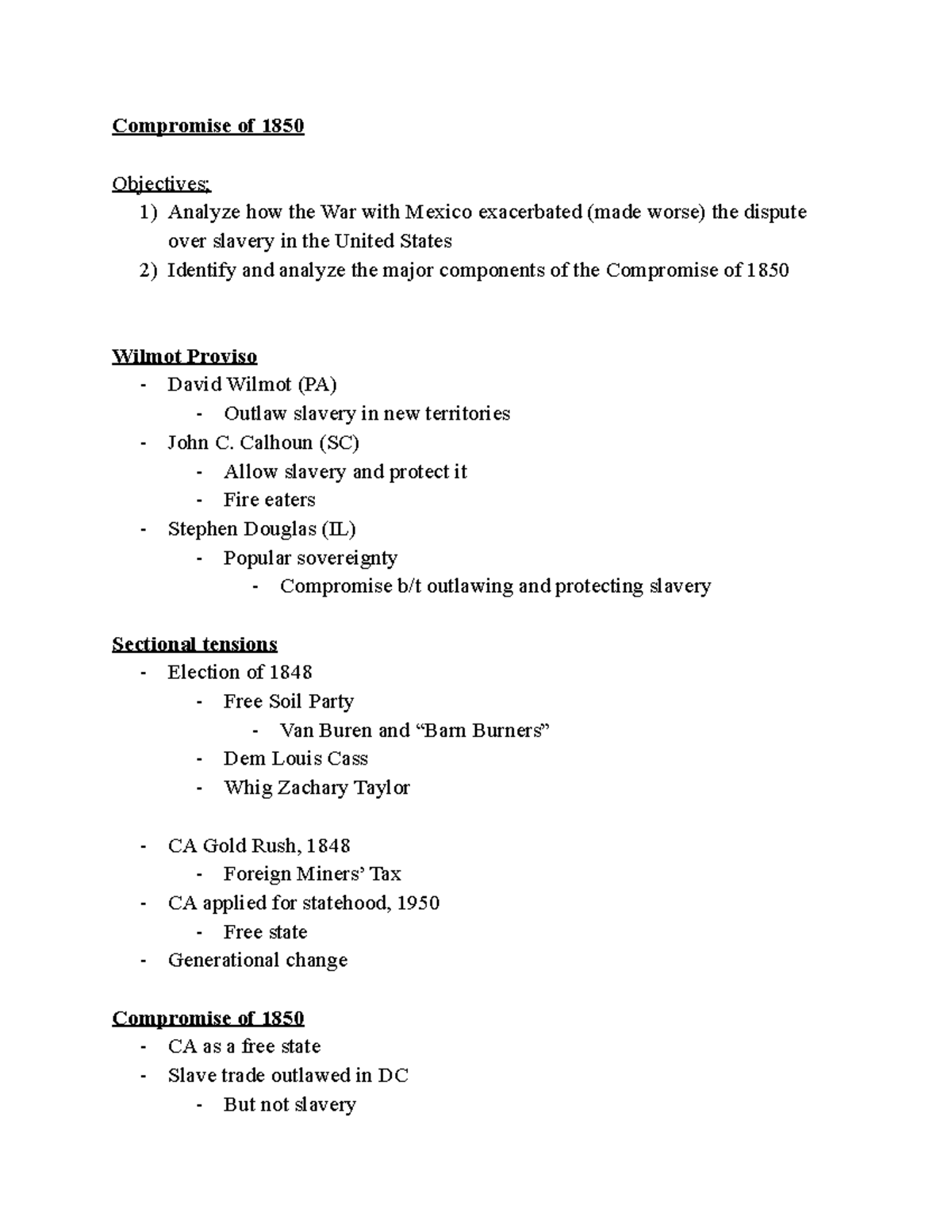 History Compromise of 1850 - Compromise of 1850 Objectives; 1) Analyze ...