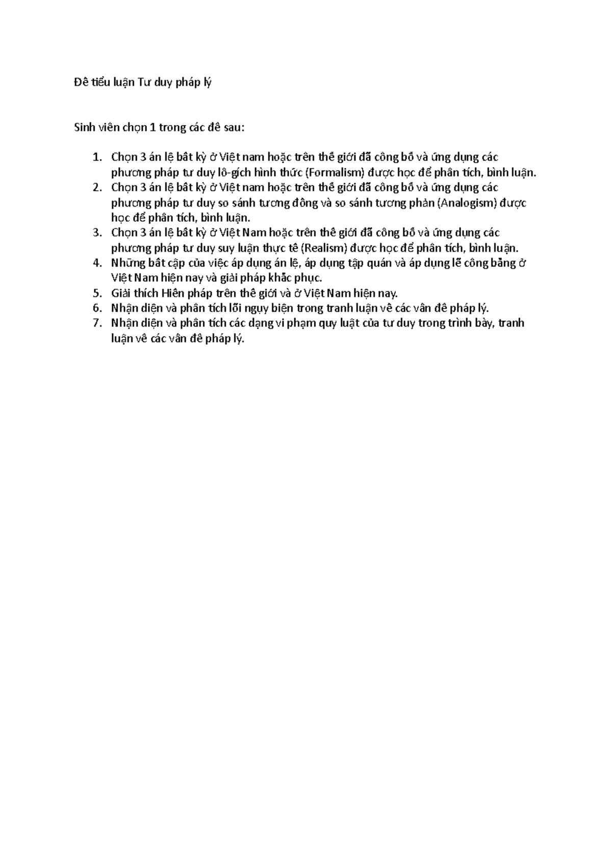 Đề tiểu luận Tư duy pháp lý - Đềề t u lu n Tể ậ ưduy pháp lý Sinh viền ch n 1 trong các đềề sau ...