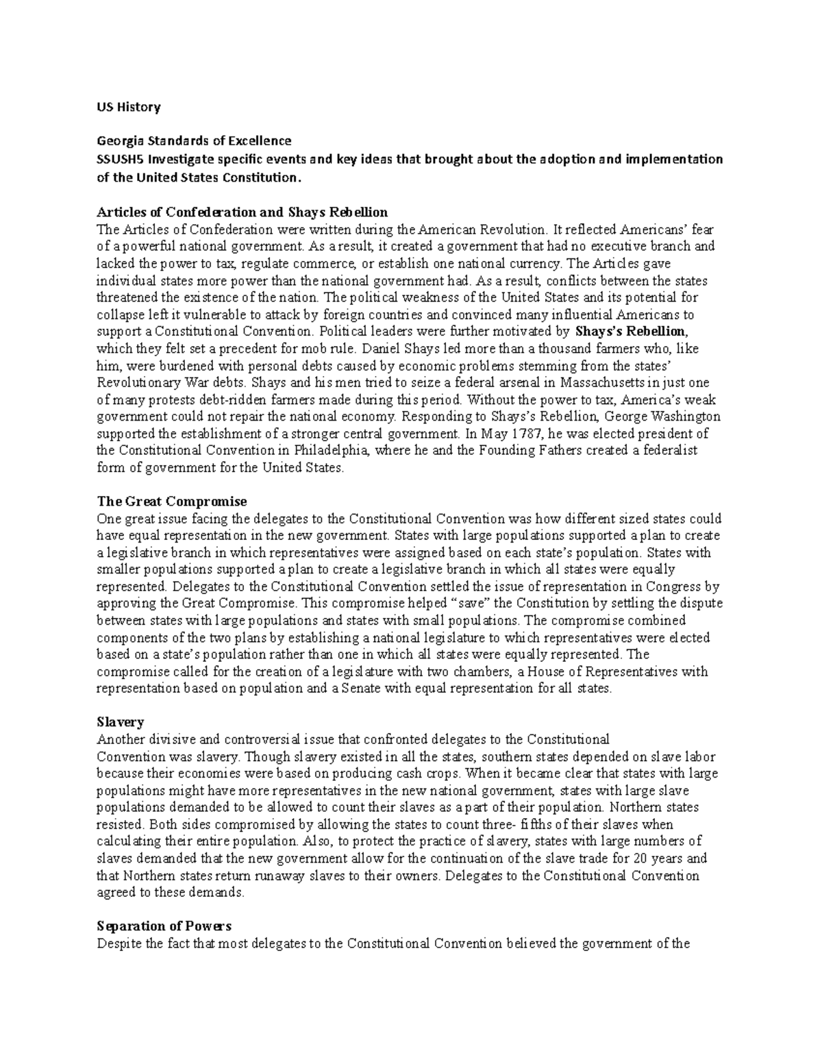 The US Constitution - US History Georgia Standards of Excellence SSUSH5 ...