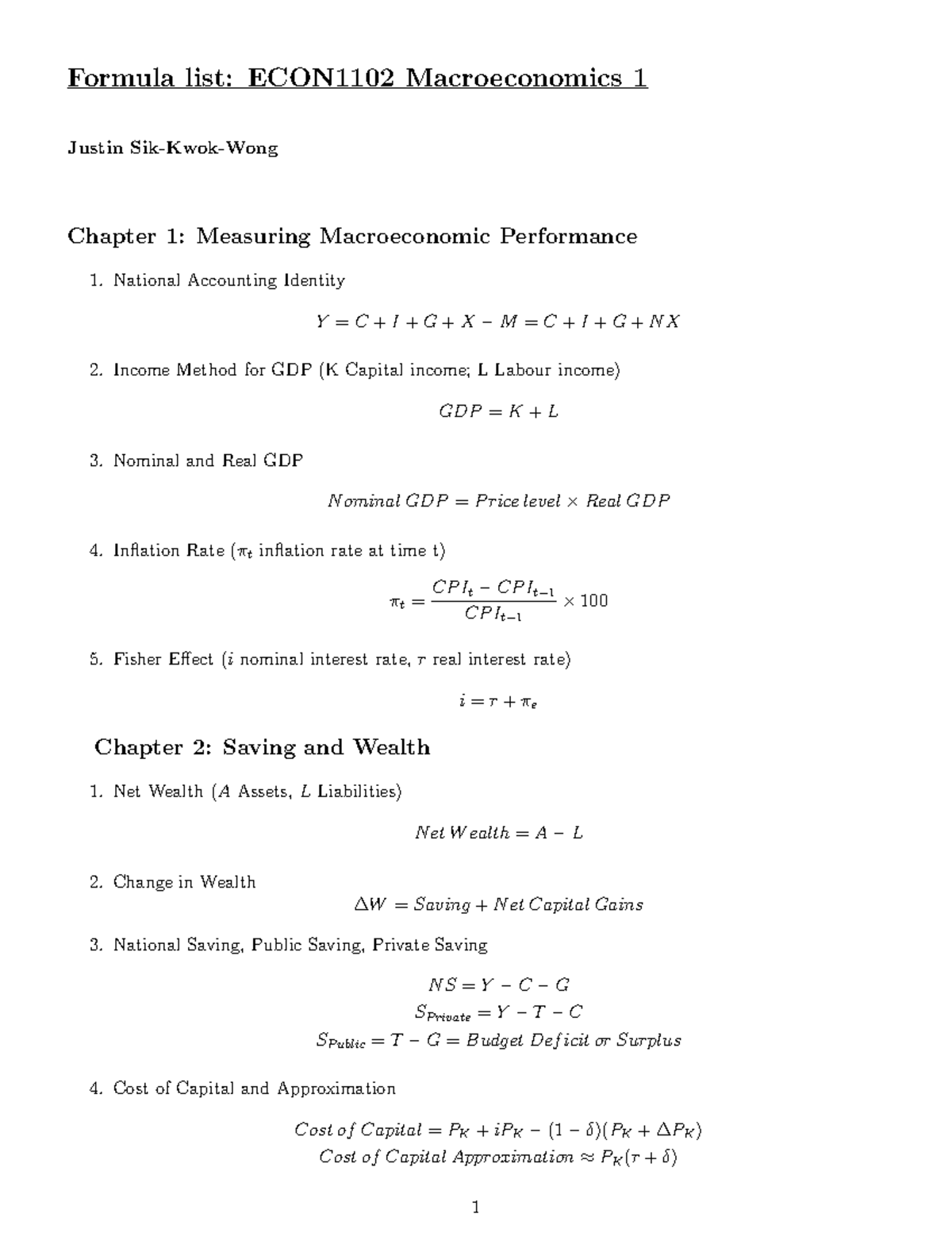 ECON1102 Formula Sheet JS - Formula list: ECON1102 Macroeconomics 1 ...