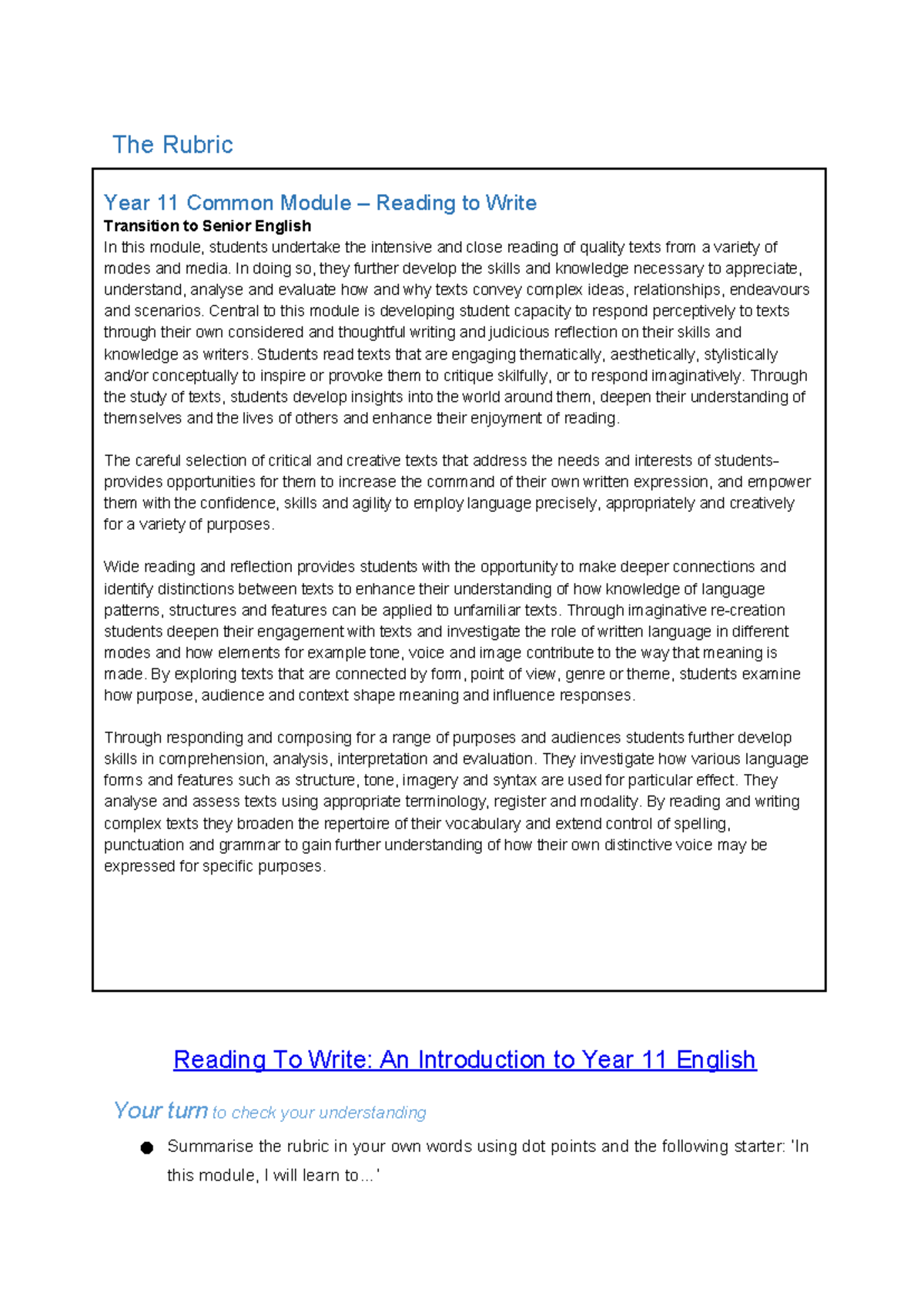 The Rubric - Deconstructed - The Rubric Reading To Write: An ...