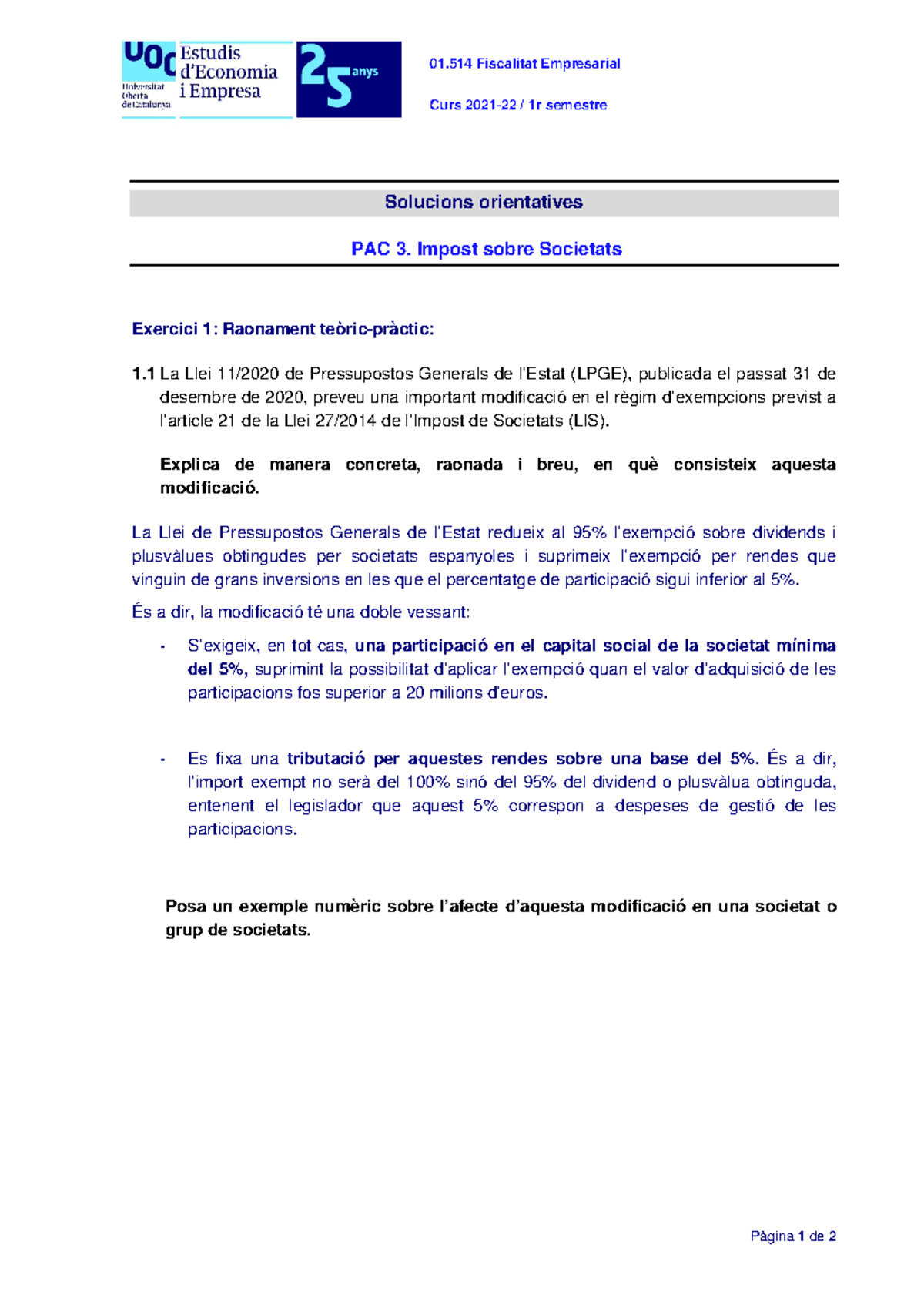 01514 Fiscalitat Empresarial PAC3 Solucions orientatives - 01 Fiscalitat Empresarial Curs 2021 ...