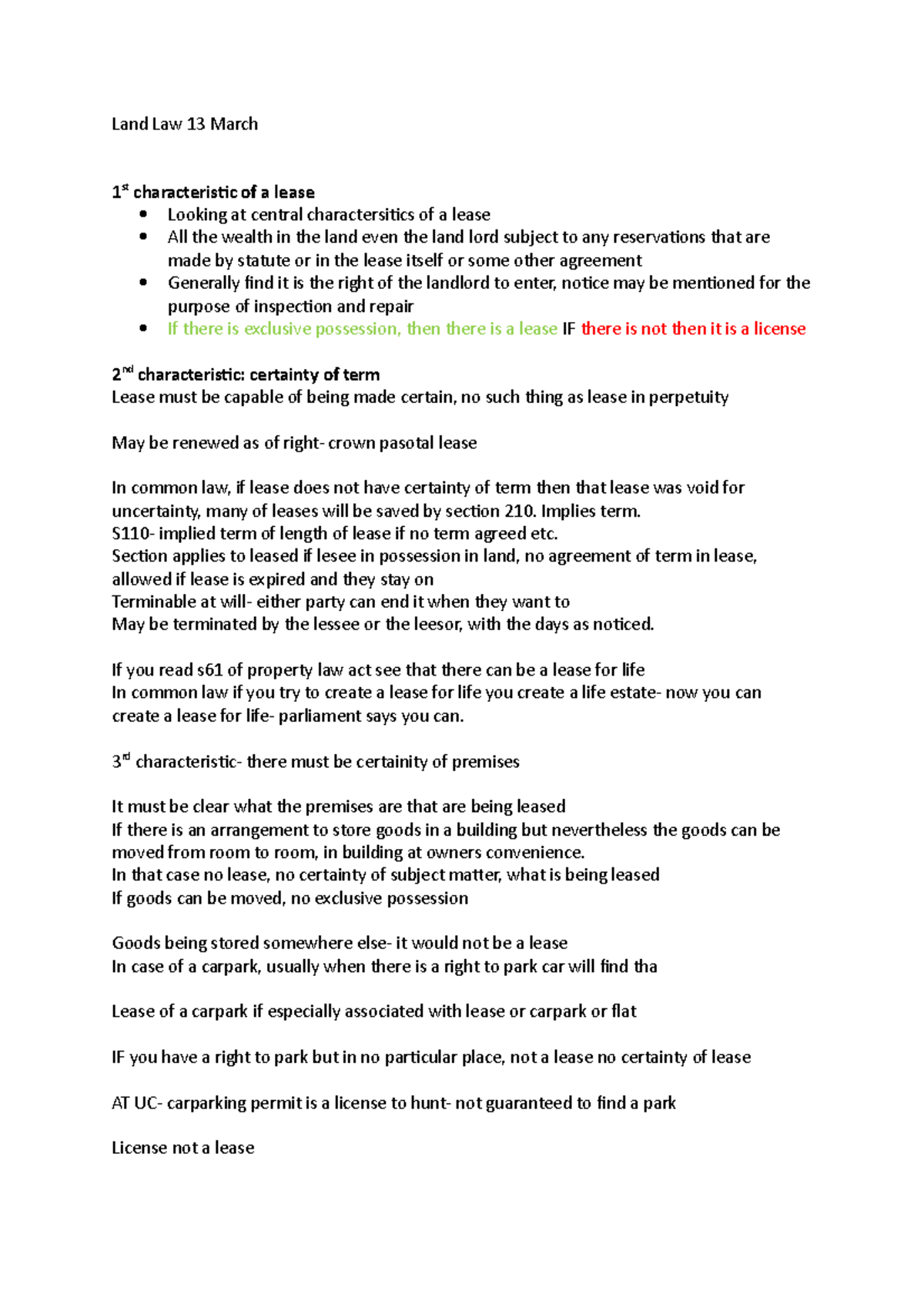 Leases part 2 - Lecture notes 12 - Land Law 13 March 1 st ...