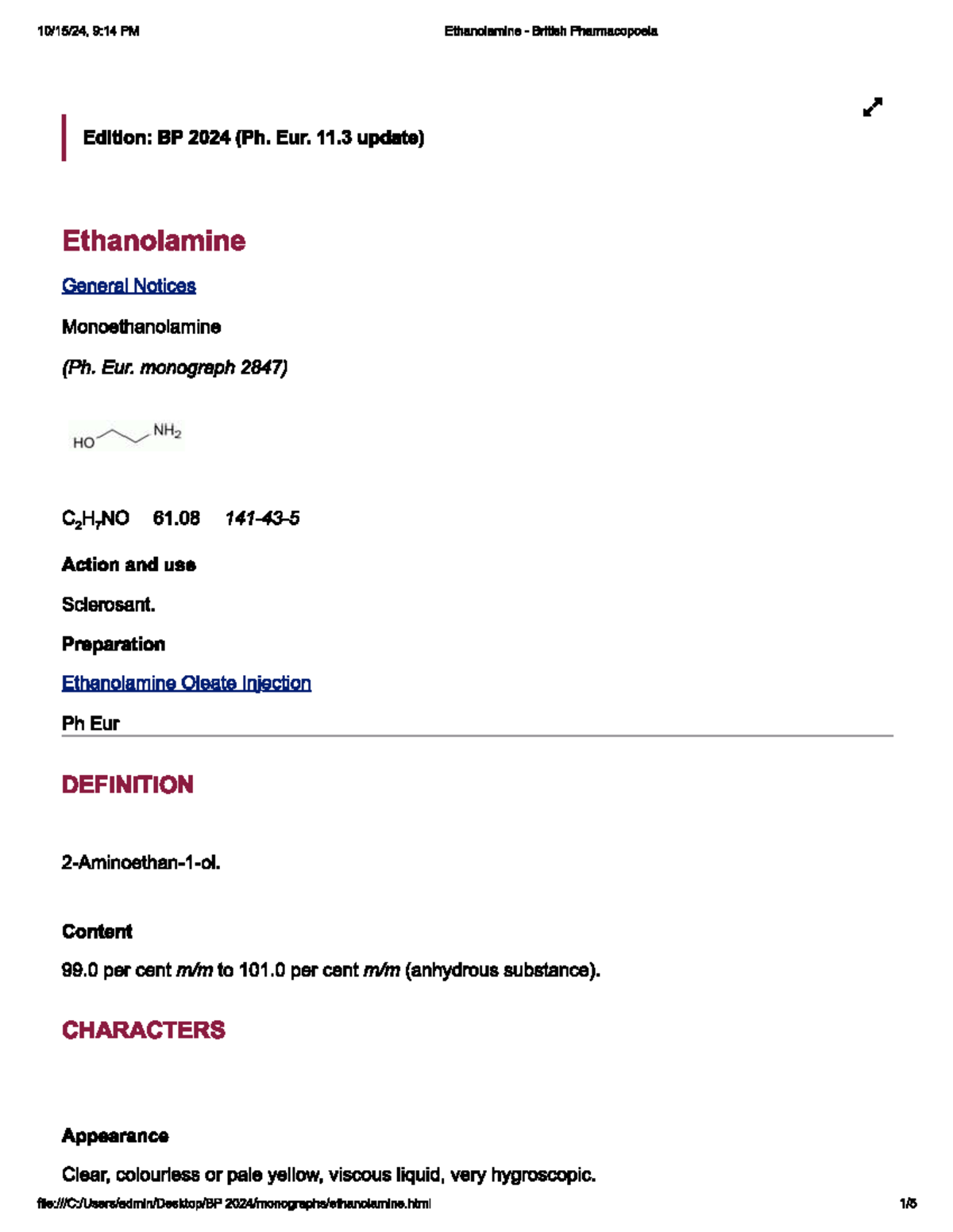 Ethanolamine - British Pharmacopoeia - Eur. 11 update) Ethanolamine ...