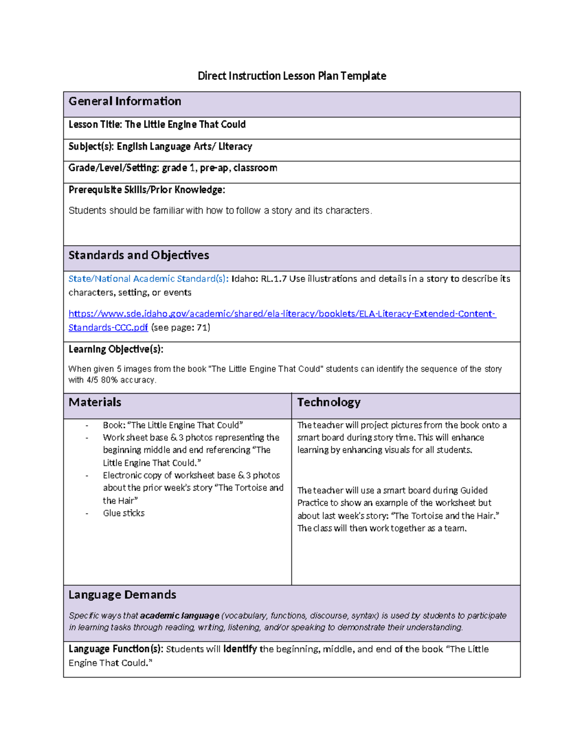 Instruction lesson plan template - Direct Instruction Lesson Plan ...