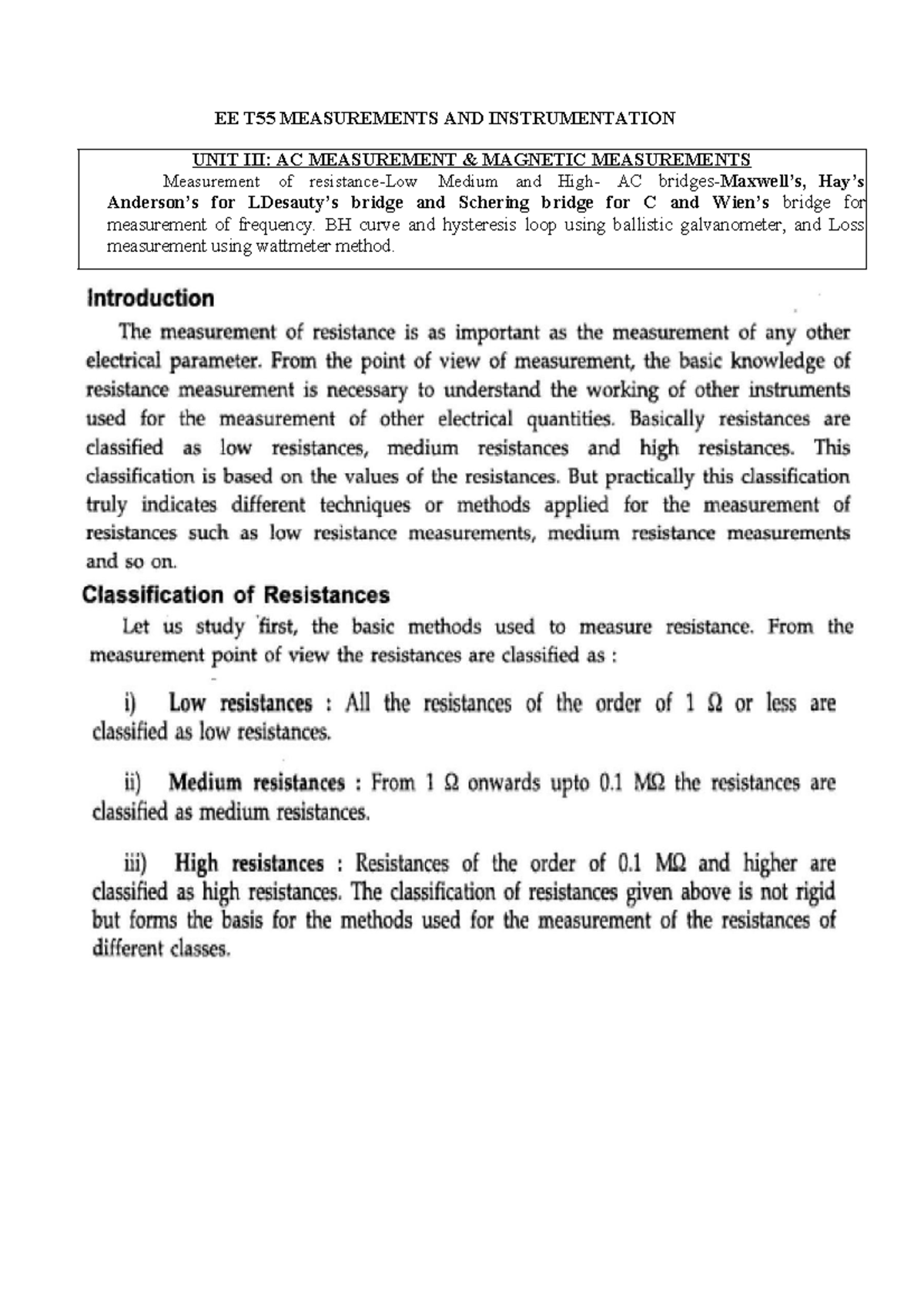 UNIT III: AC MEASUREMENT & MAGNETIC MEASUREMENTS SUMMARY OF MI - EE T55 ...