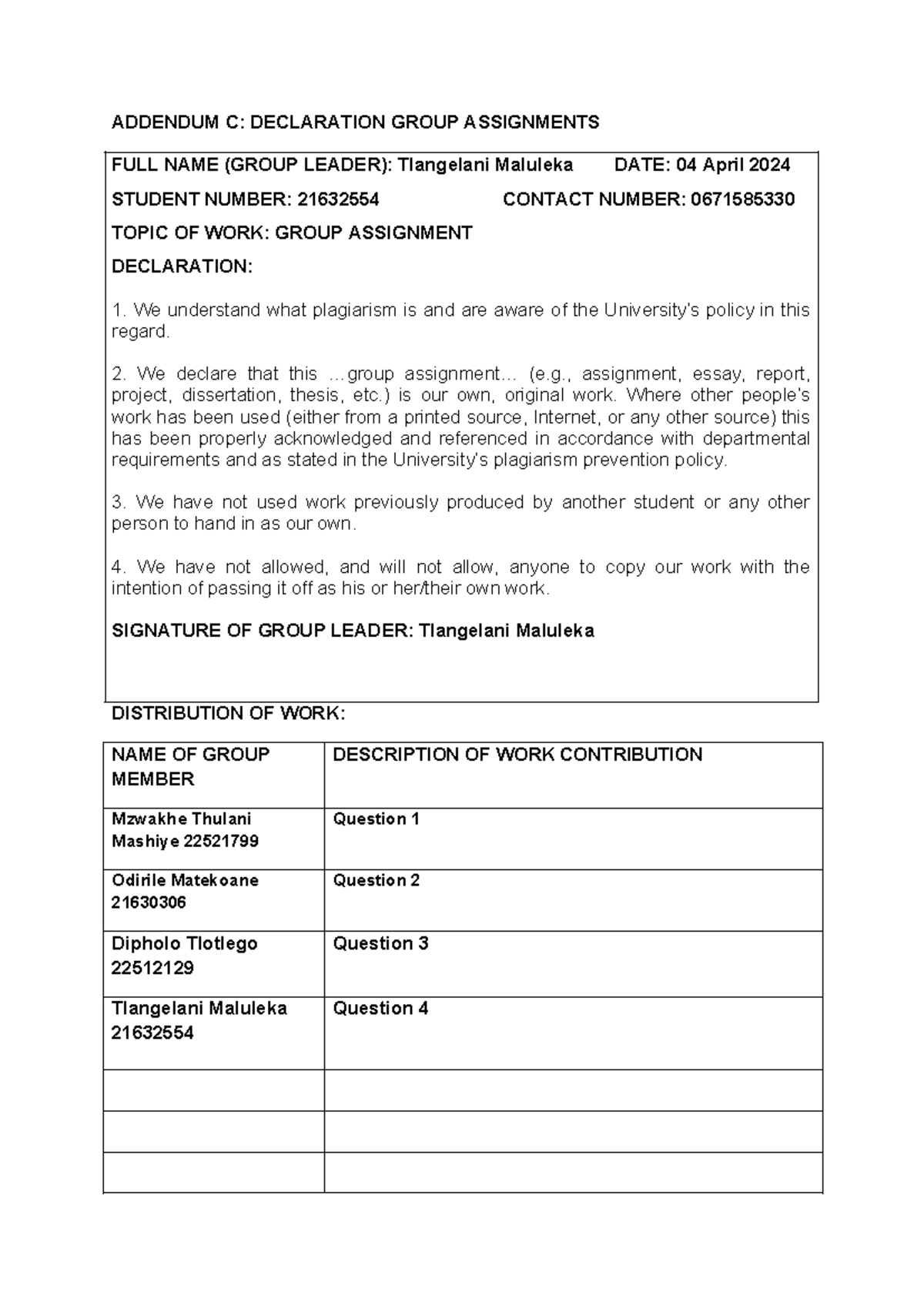 JMG 300 Group Assignment - ADDENDUM C: DECLARATION GROUP ASSIGNMENTS ...