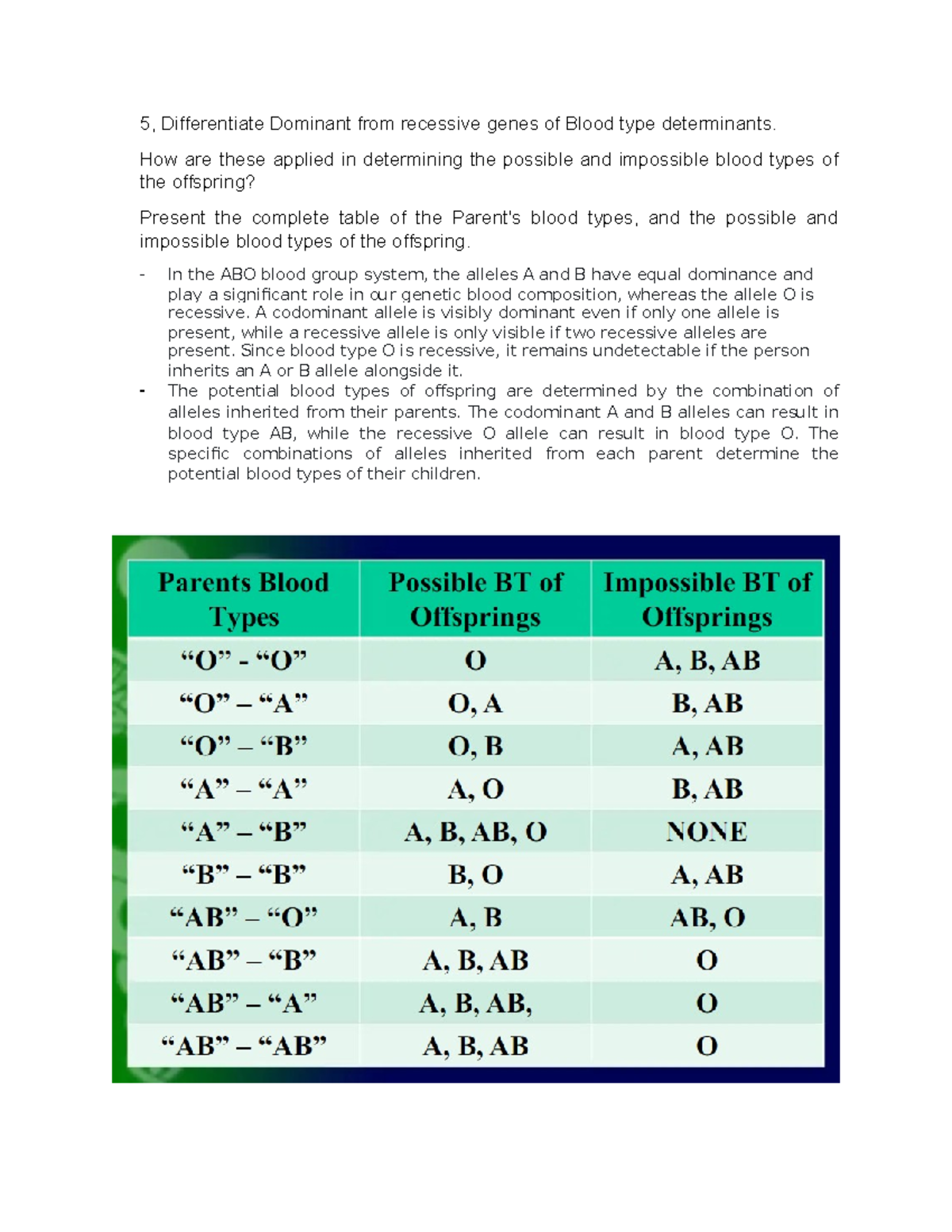 forensic toxicology - blood typing - 5, Differentiate Dominant from recessive genes of Blood ...