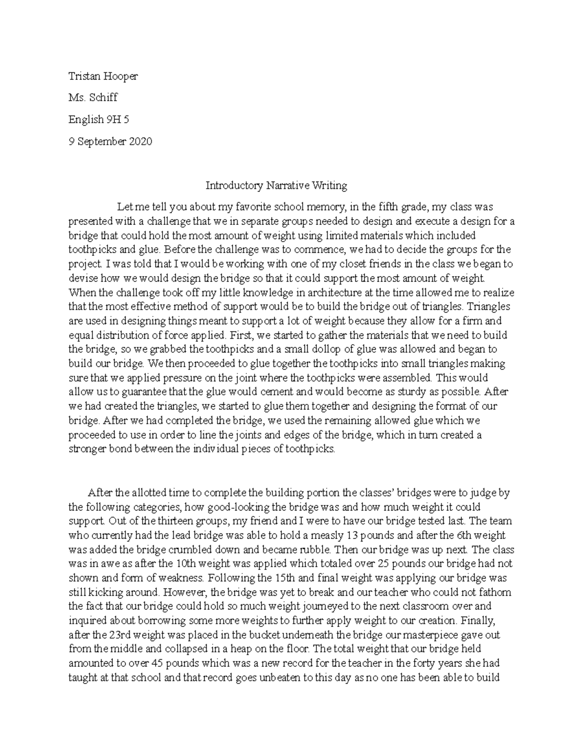 Honors Englsih 9 Period 5 Personal Narrative 9 - Tristan Hooper Ms ...