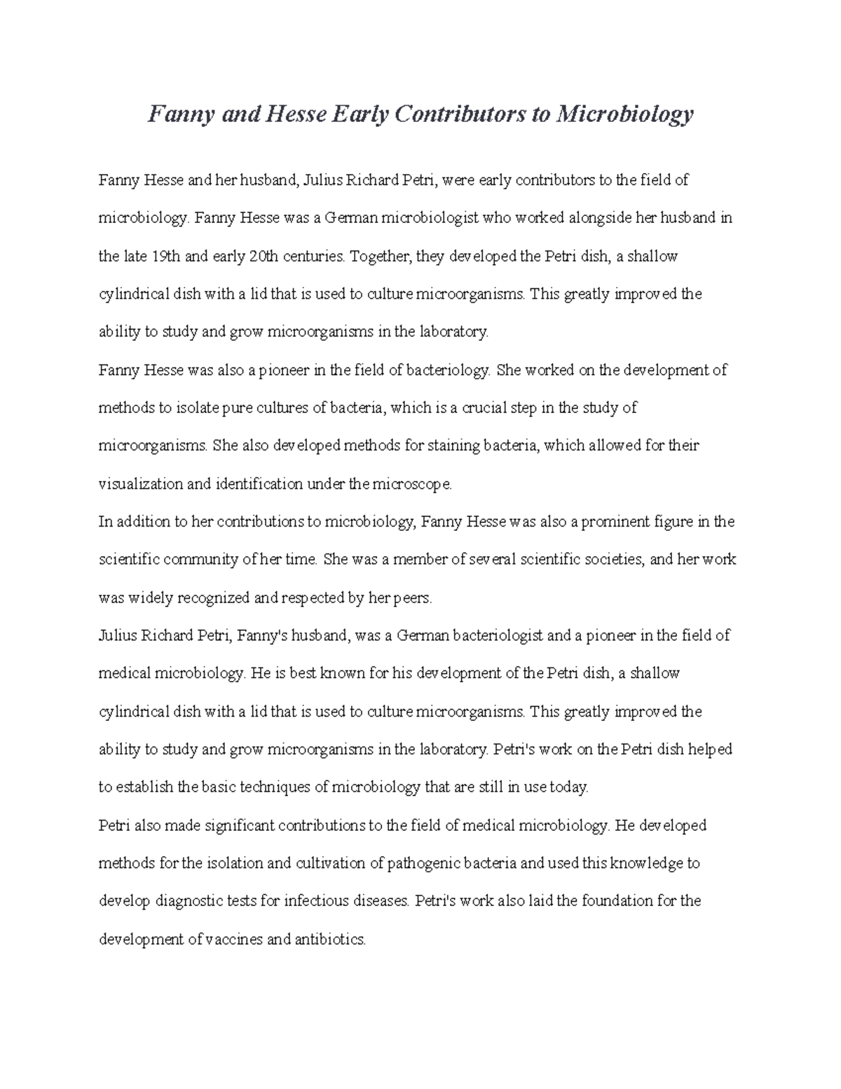 Notes on Fanny and Hesse Early Contributors to Microbiology - Fanny and ...