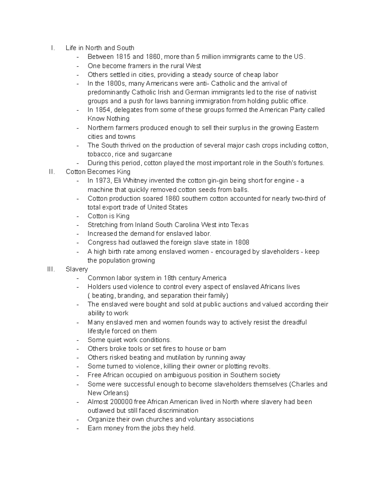 US History - Chapter 1 Set 10 Note - I. Life in North and South ...