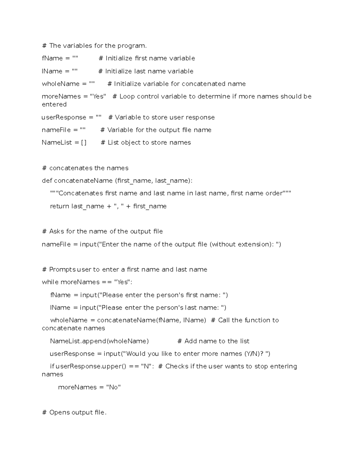 Output text file - COE 301 - The variables for the program. fName ...