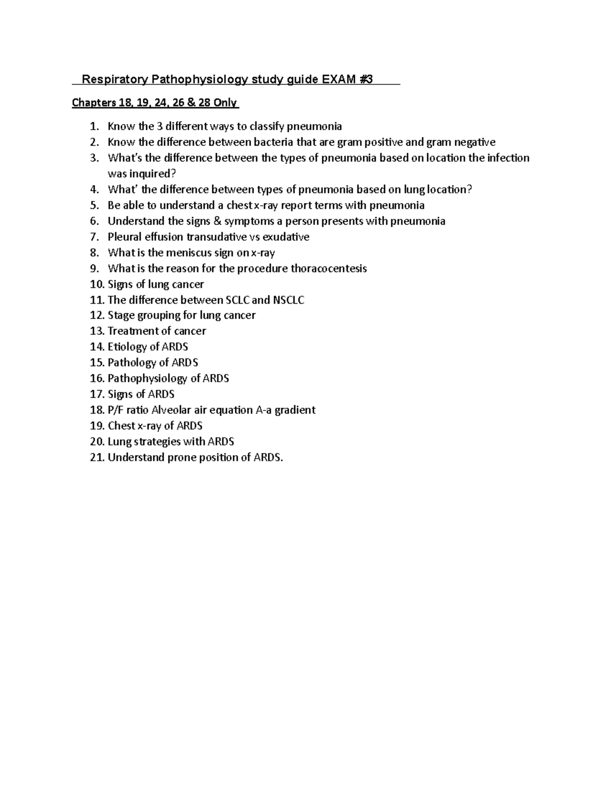 Exam 3 study guide - Respiratory Pathophysiology study guide EXAM # Chapters 18, 19, 24, 26 & 28 ...