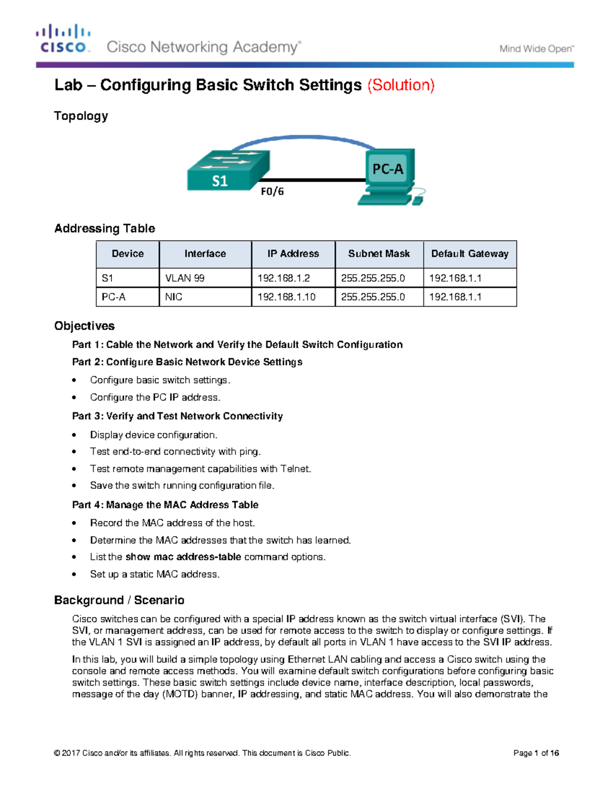 Lab 2 - Configuring Basic Switch Settings - 168.1 255.255.255 192.168. PC-A NIC 192.168. 10 ...