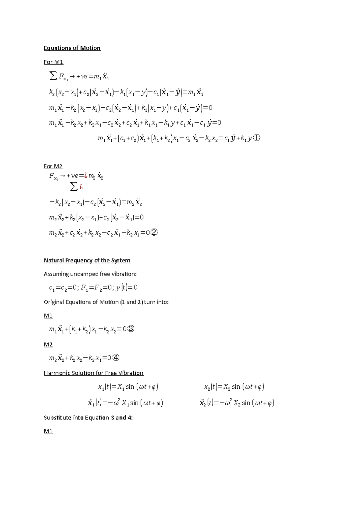 Matlab Assignment 1 Calculations - Equations of Motion For M ∑ F x 1 → ...