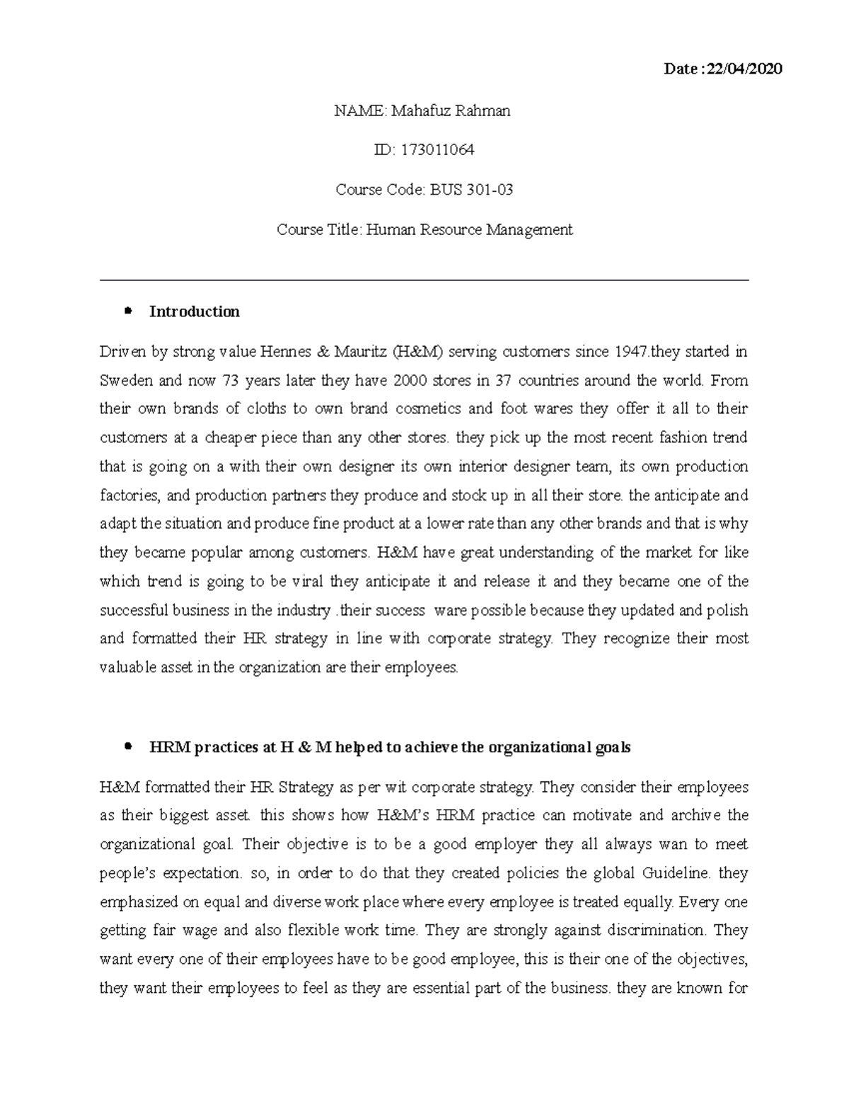 BUS 301-03 Mahafuz Rahman 173011064 - NAME: Mahafuz Rahman ID ...