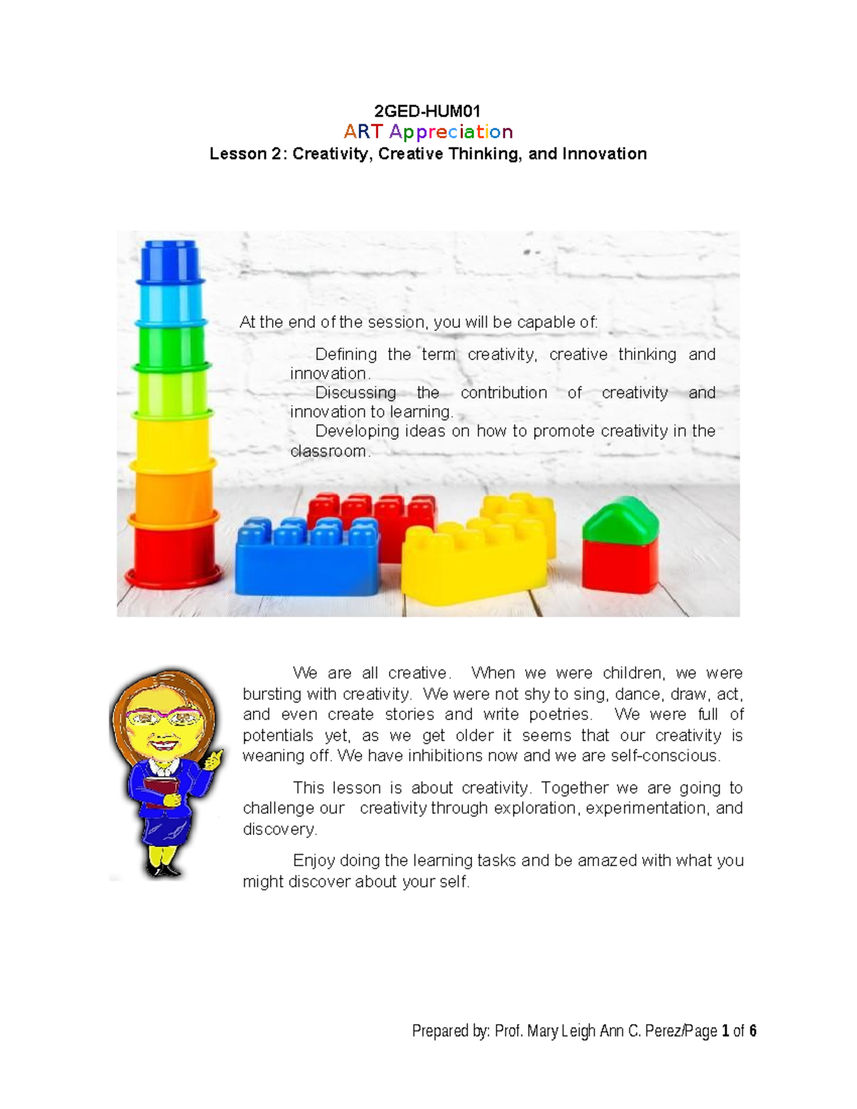 Artapp Worksheet #2 - 2GED-HUM ART Appreciation Lesson 2: Creativity ...