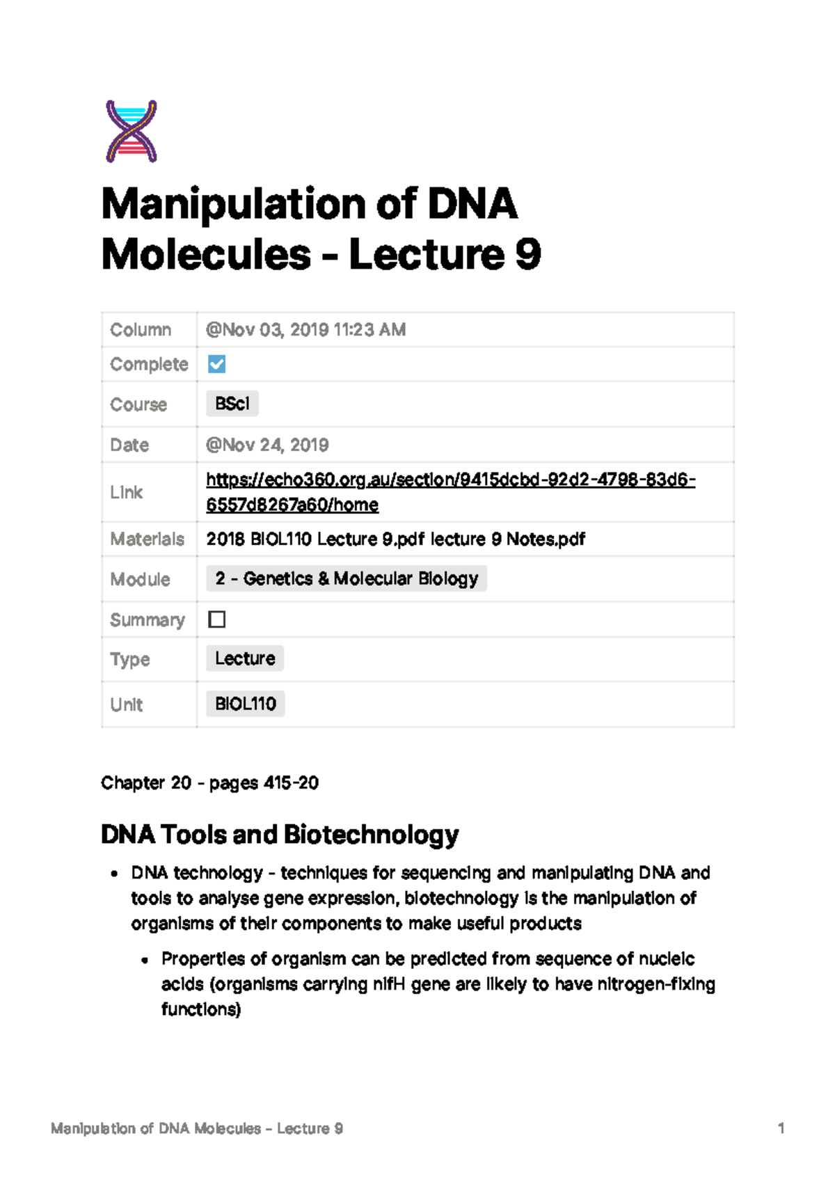 Manipulation of DNA Molecules - Lecture 9 - Manipulation of DNA ...
