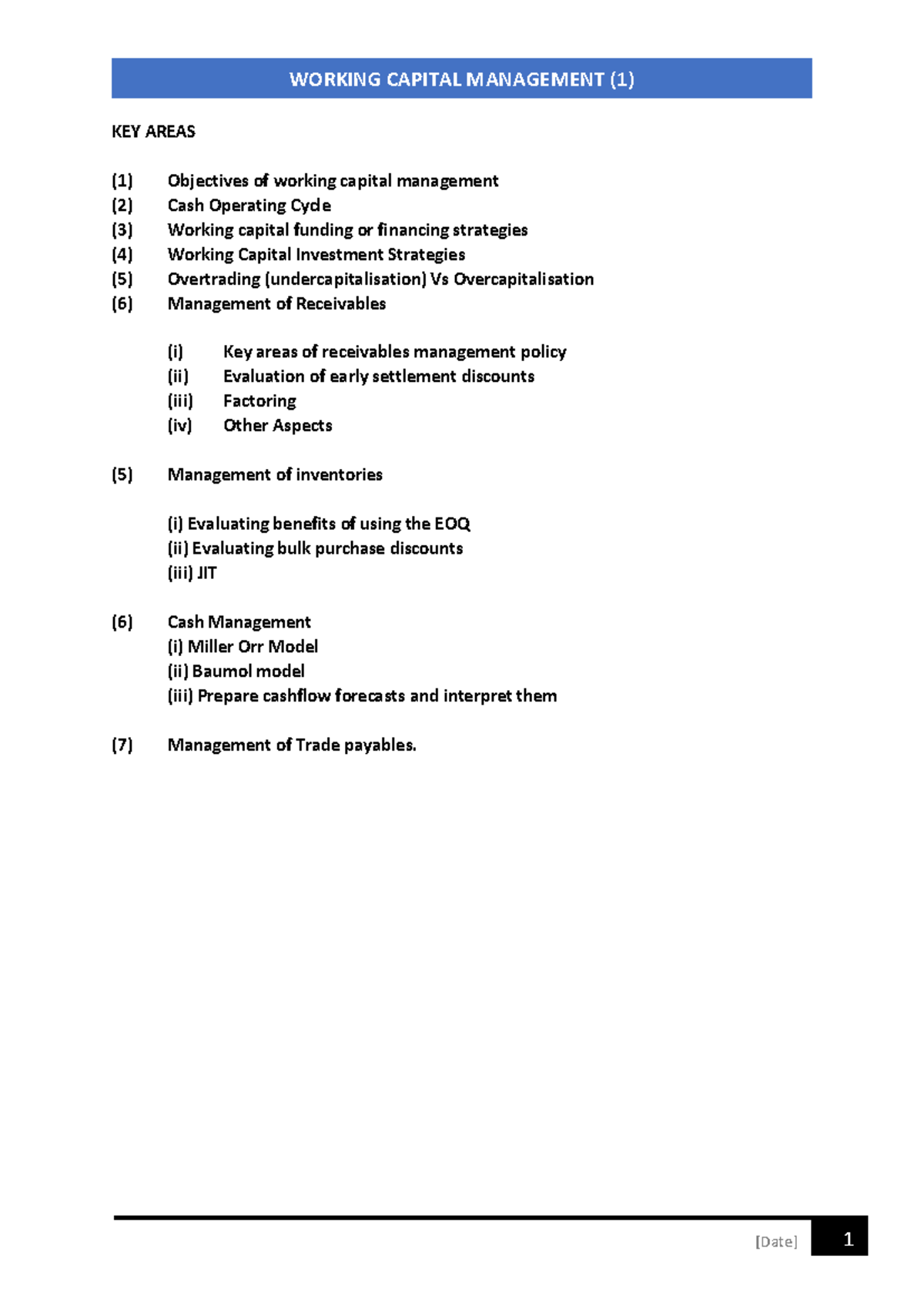 Lesson 4 Working Capital Management (Part 1) - KEY AREAS (1) Objectives ...