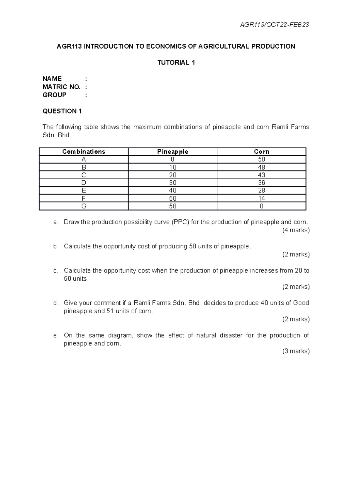Tutorial 1 AGR113 - AGR113/OCT22-FEB AGR113 INTRODUCTION TO ECONOMICS ...