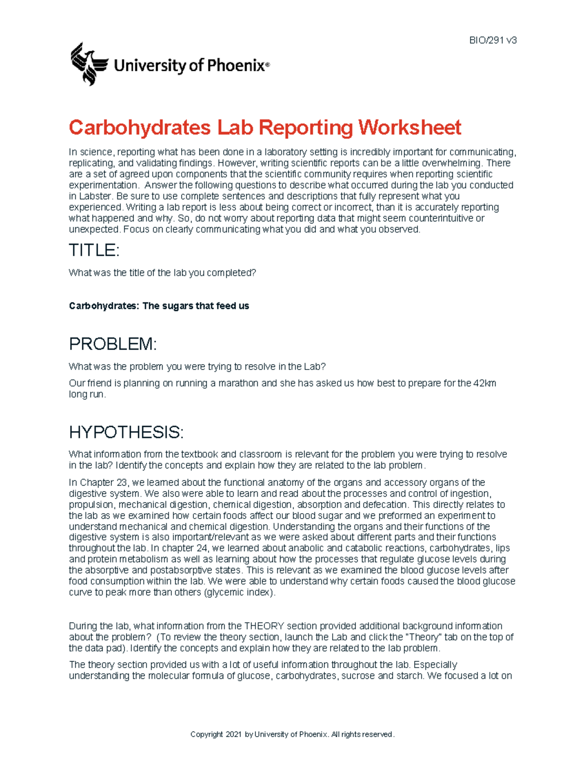 Bio291 v3 wk4 the carbohydrates lab report - BIO/291 v Carbohydrates ...