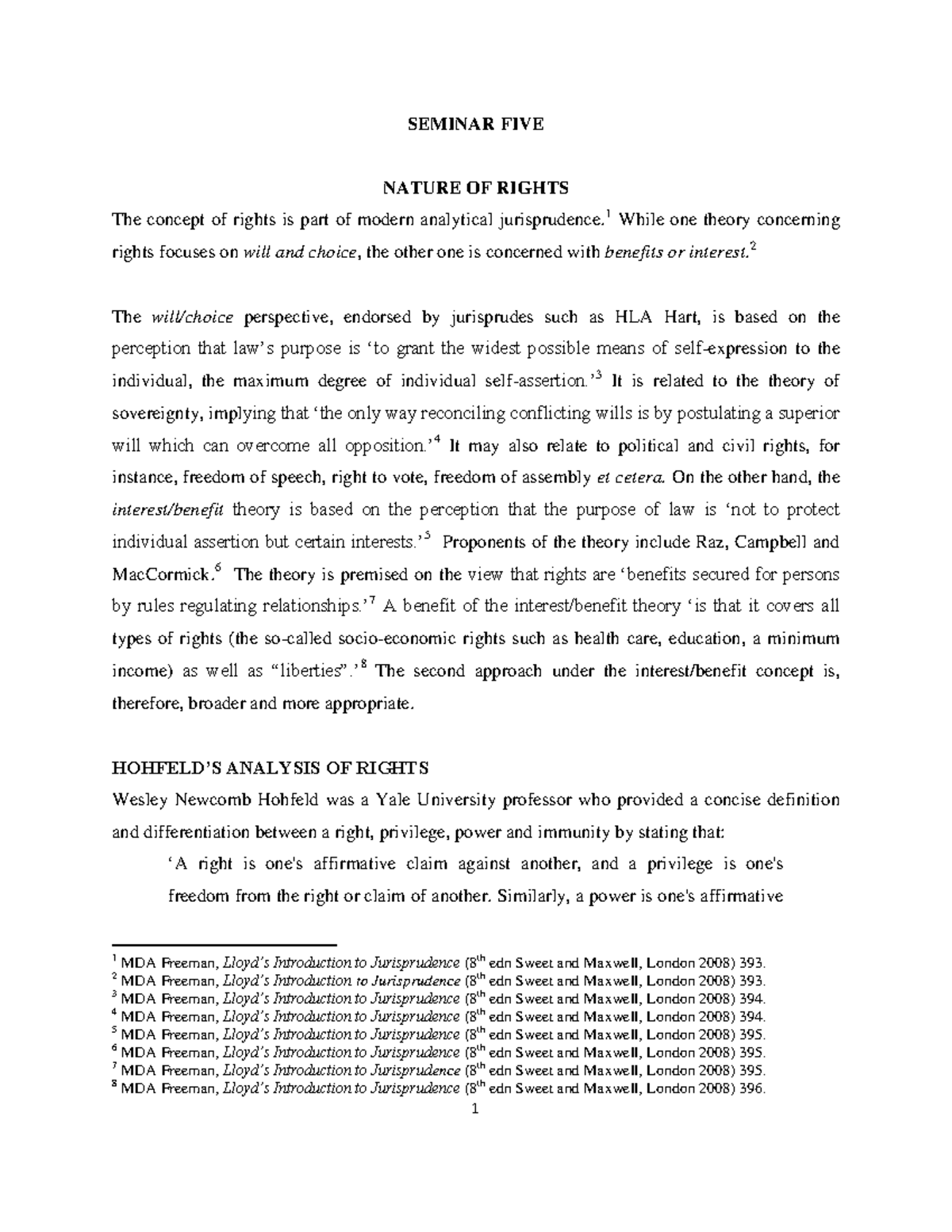 Seminar 5 Notes - Nature OF Rights - SEMINAR FIVE NATURE OF RIGHTS The ...