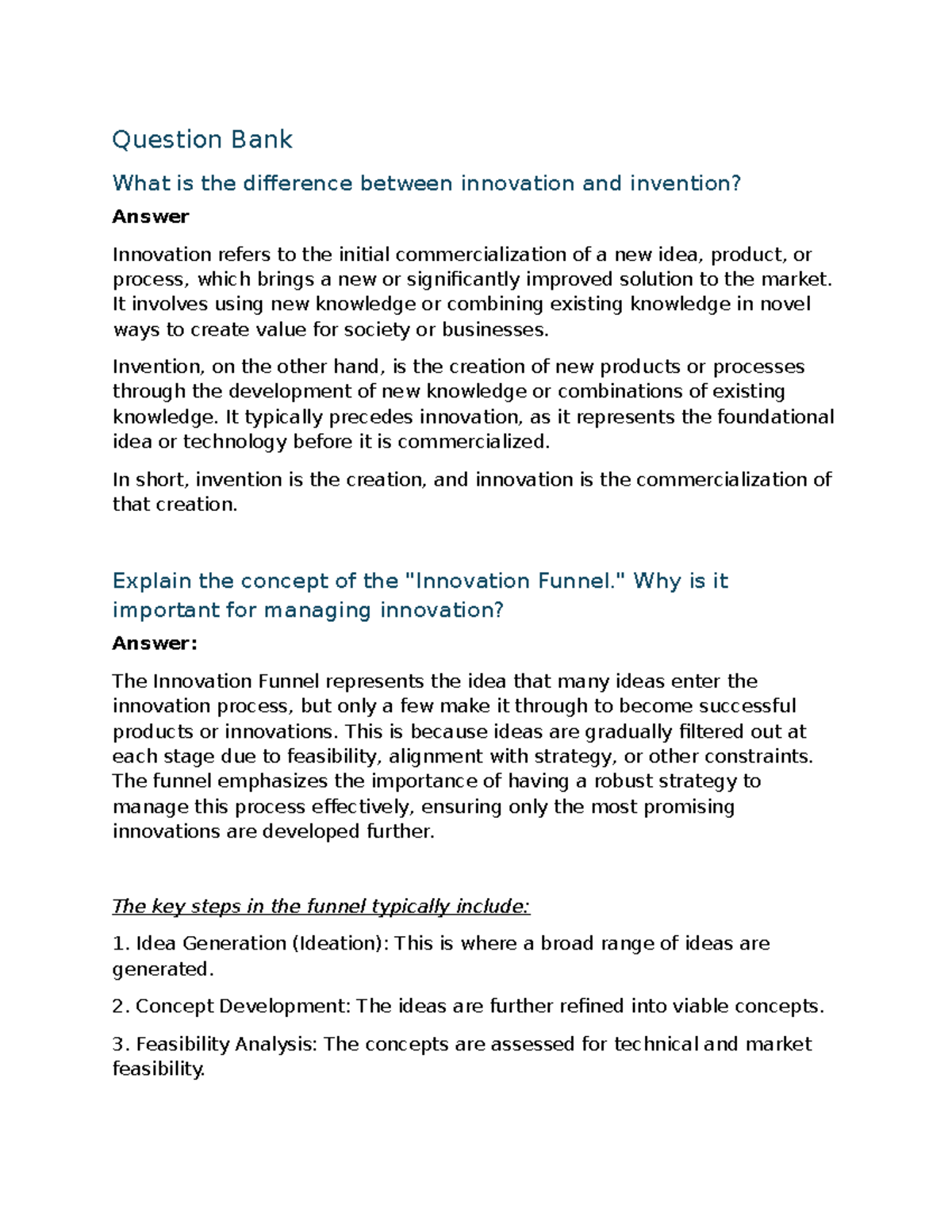Question Bank- Strategic Management Innovation - Question Bank What is ...