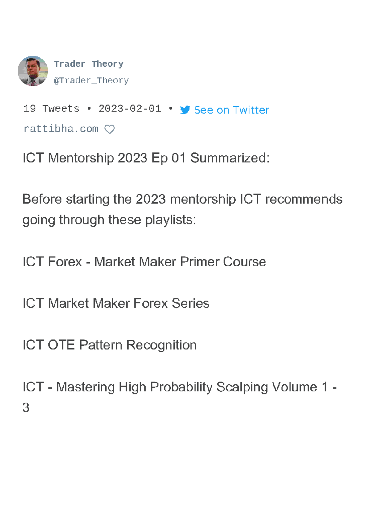 Ict mentorship 2023 ep thread by trader theory feb 1, 23 from rattibha - 19 Tweets • 2023-02-01 ...