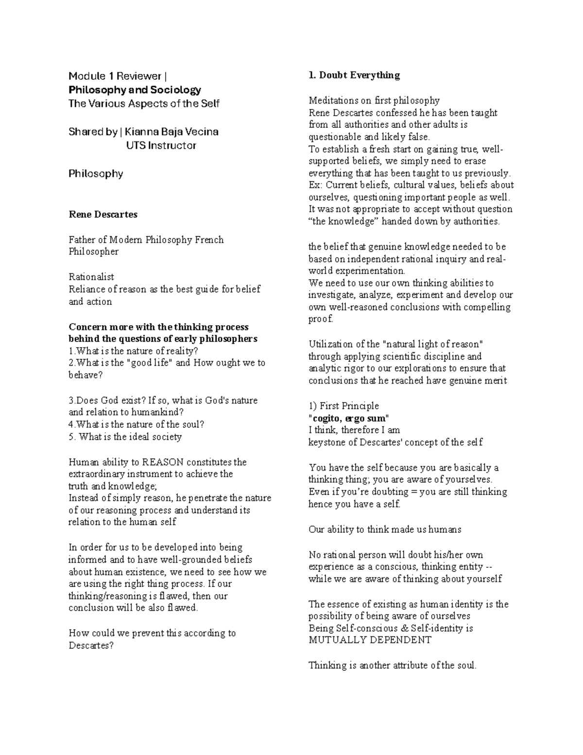 Module-1-Reviewer - Module 1 Reviewer | Philosophy and Sociology The Various Aspects of the Self ...