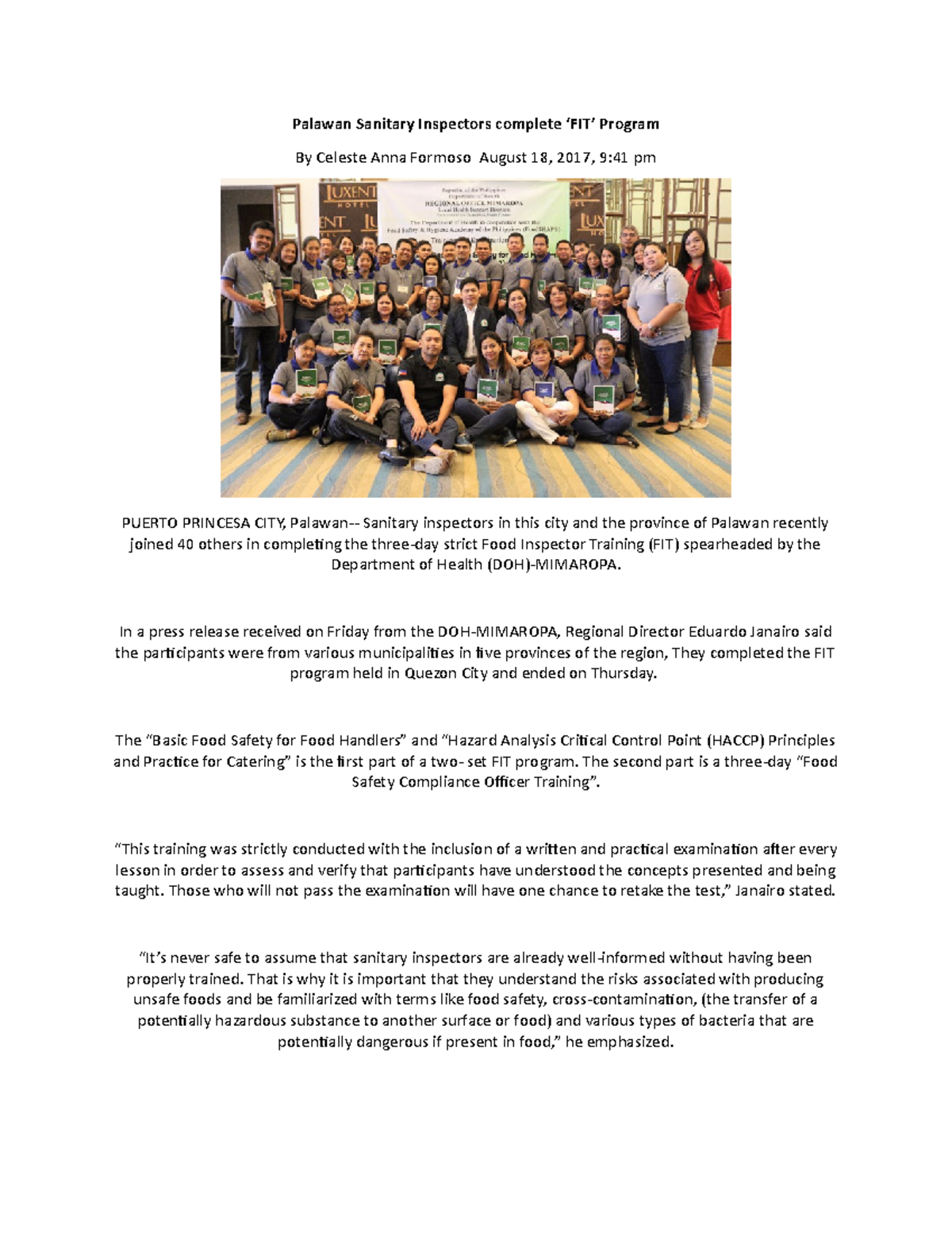 RISK Management- PPC - Palawan Sanitary Inspectors complete ‘FIT ...