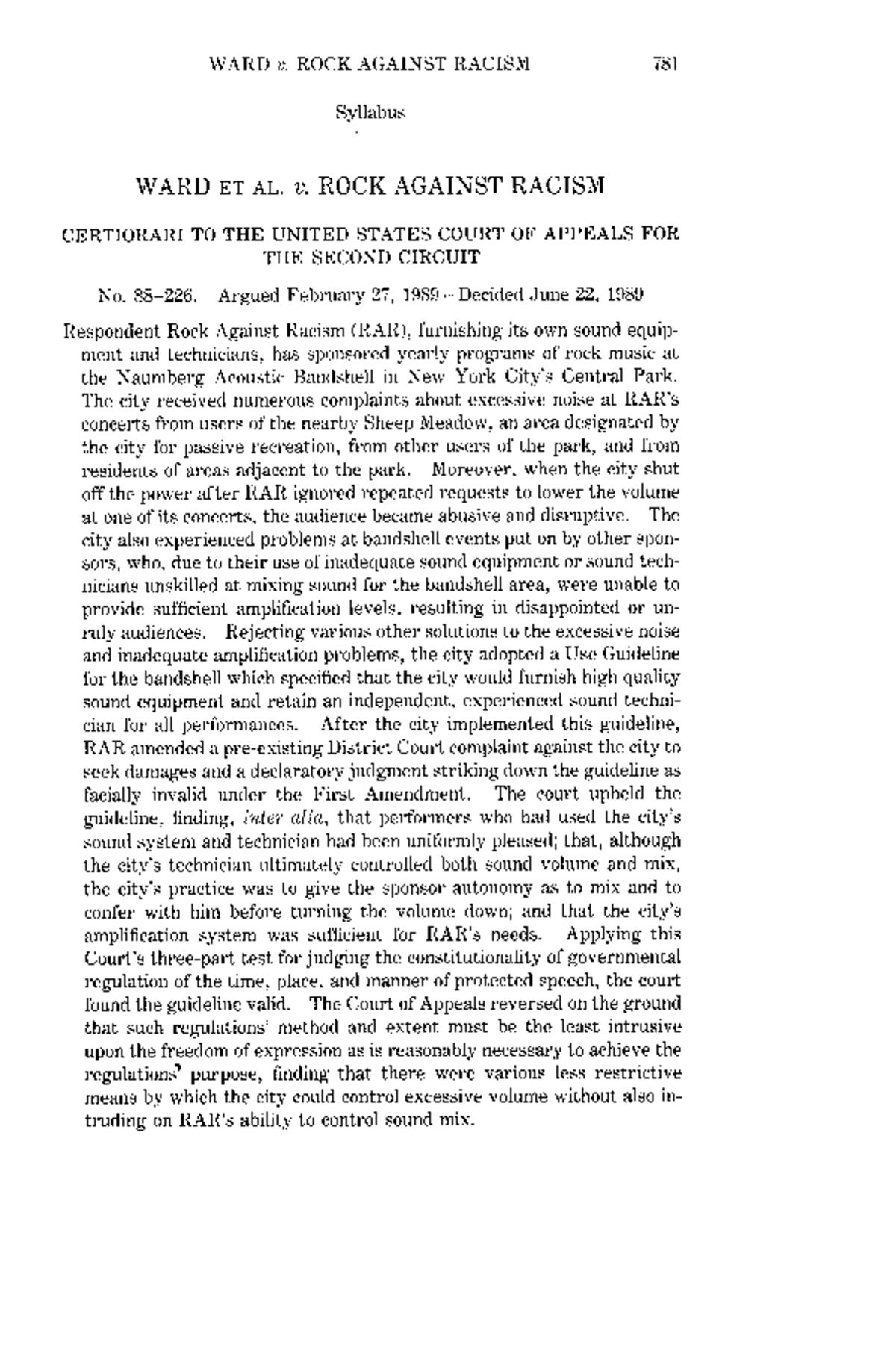 Ward v Rock Against Racism - WARD v. ROCK AGAINST RACISM Syllabus WARD ...