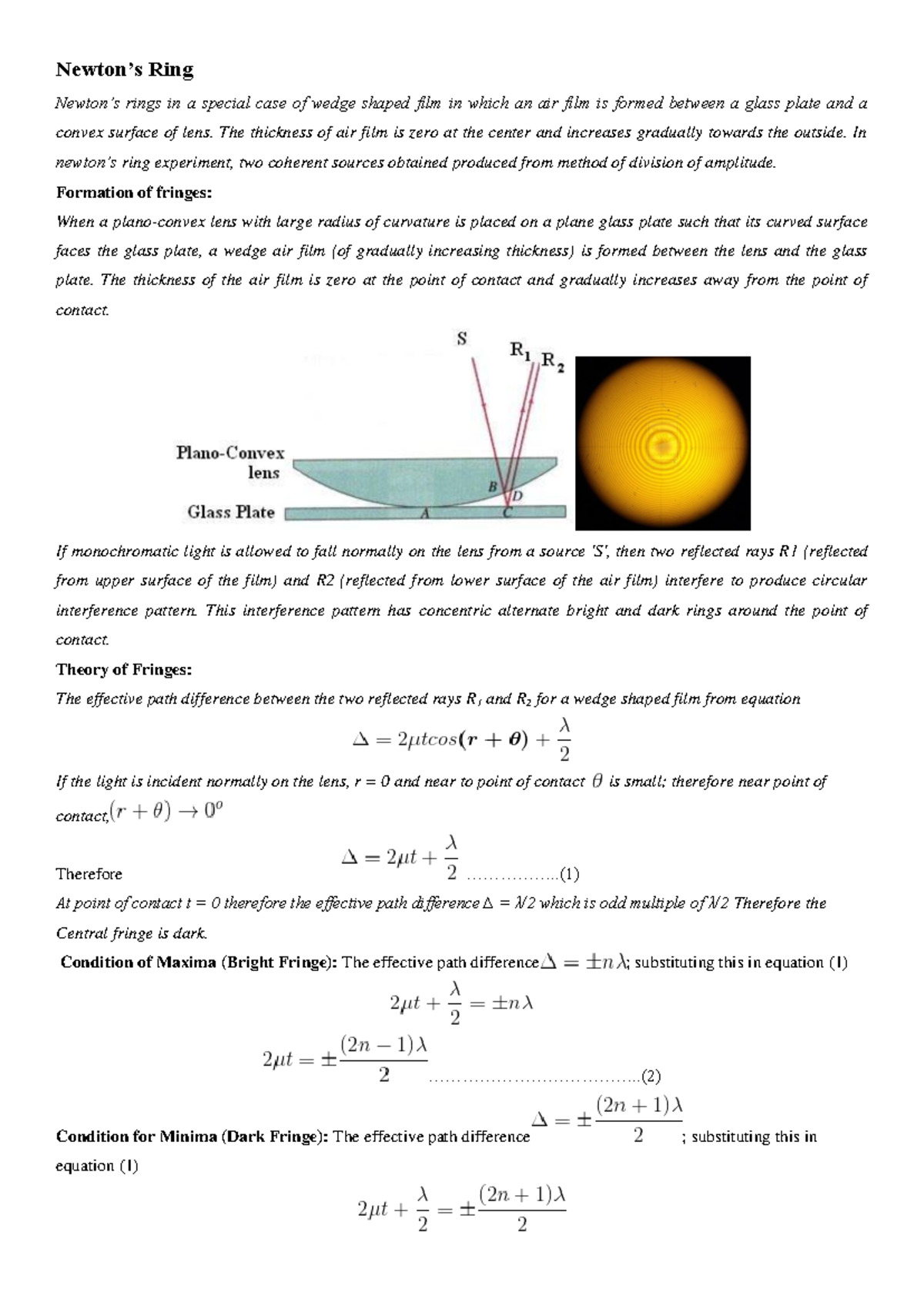 Newton'S Rings - ... - Newton’s Ring Newton’s rings in a special case of wedge shaped film in ...