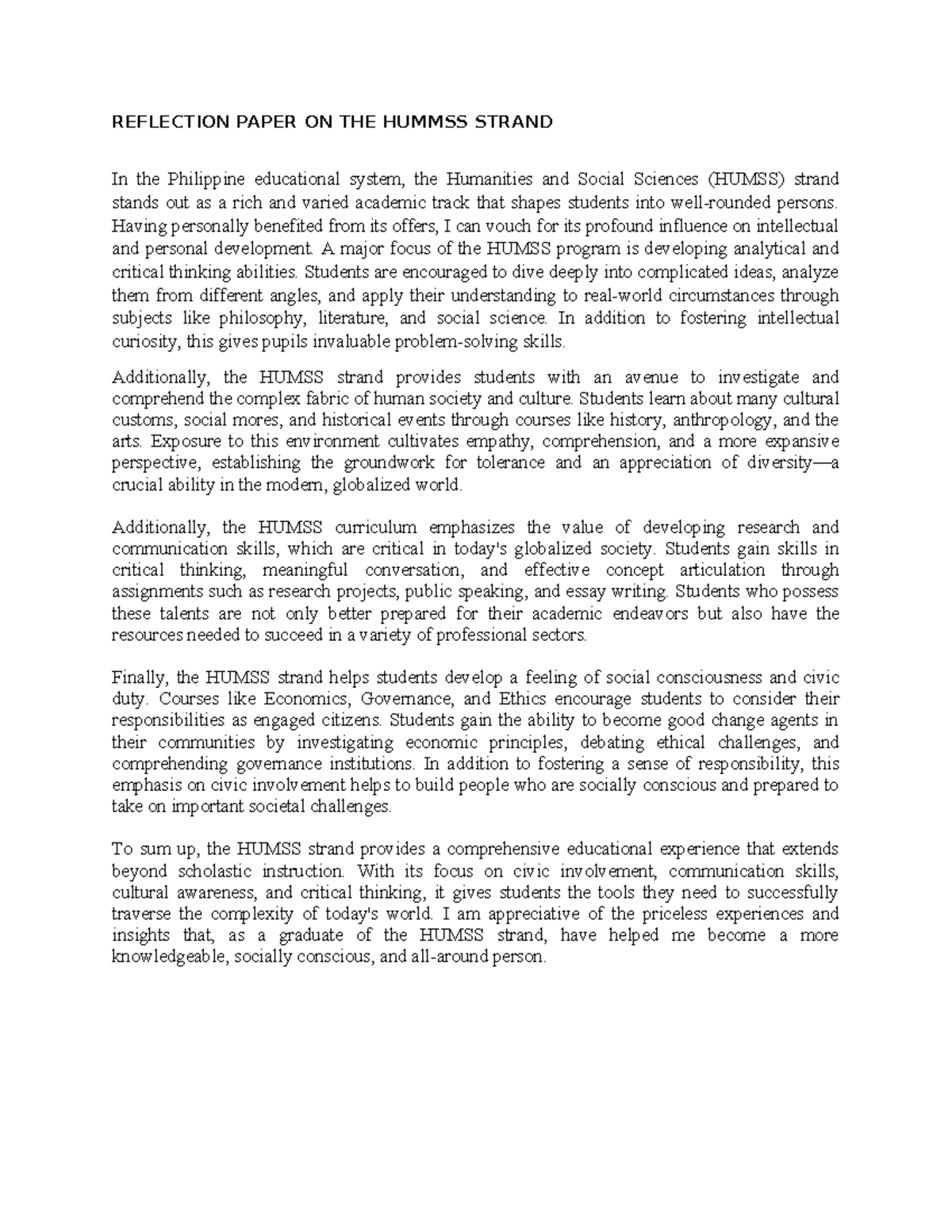 Reflection Paper ON THE Hummss Strand - REFLECTION PAPER ON THE HUMMSS ...