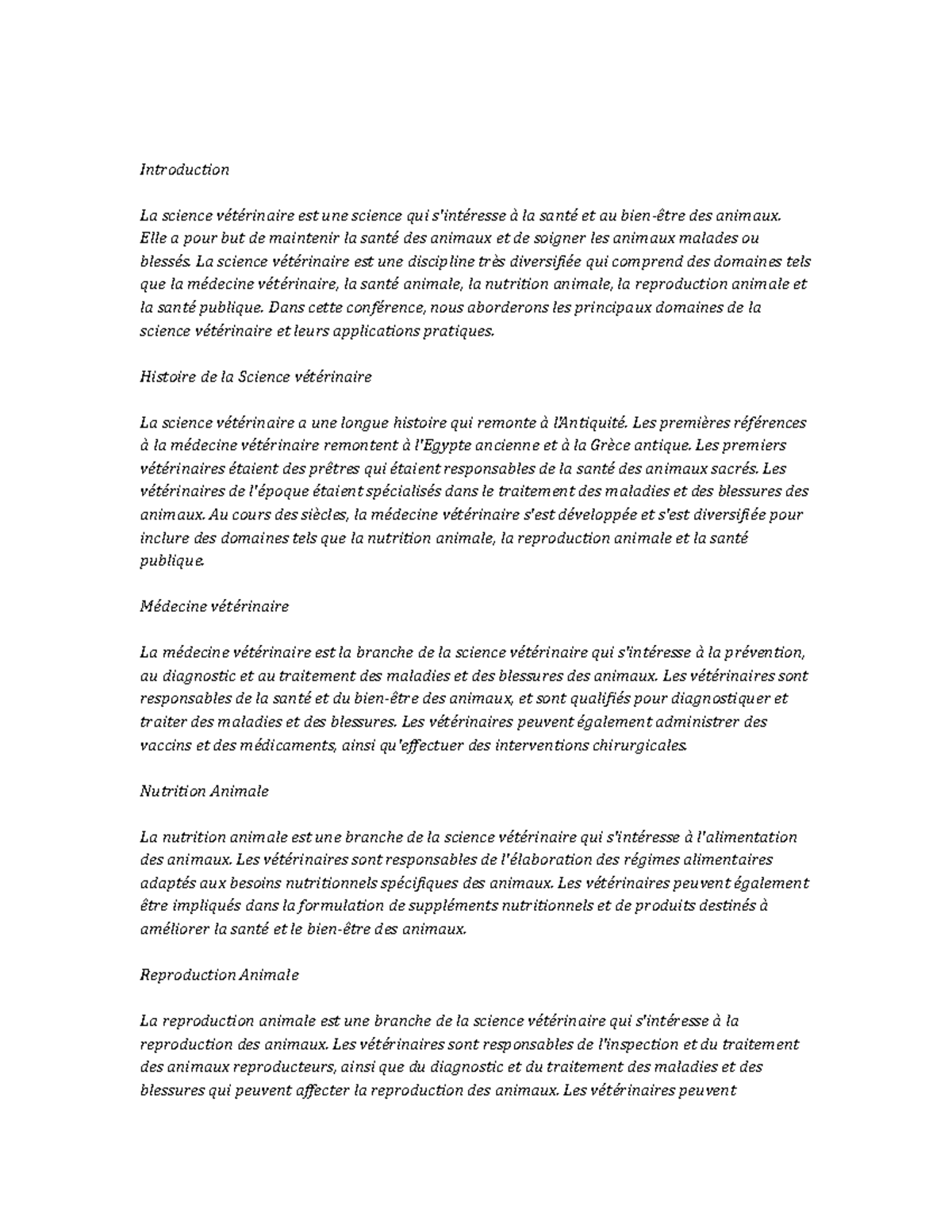 Veterinary Science note study - Introduction La science vétérinaire est ...