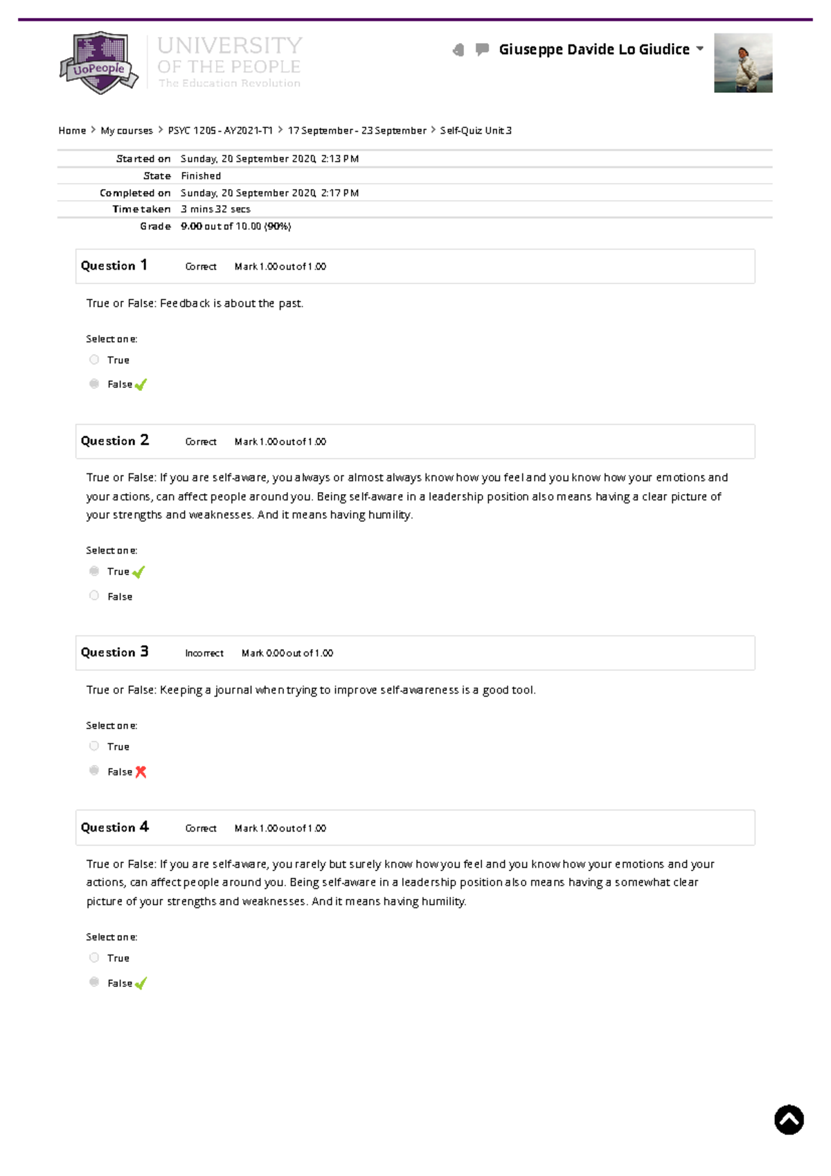 Self-Quiz Unit 3 Attempt review - / Started on Sunday, 20 September ...
