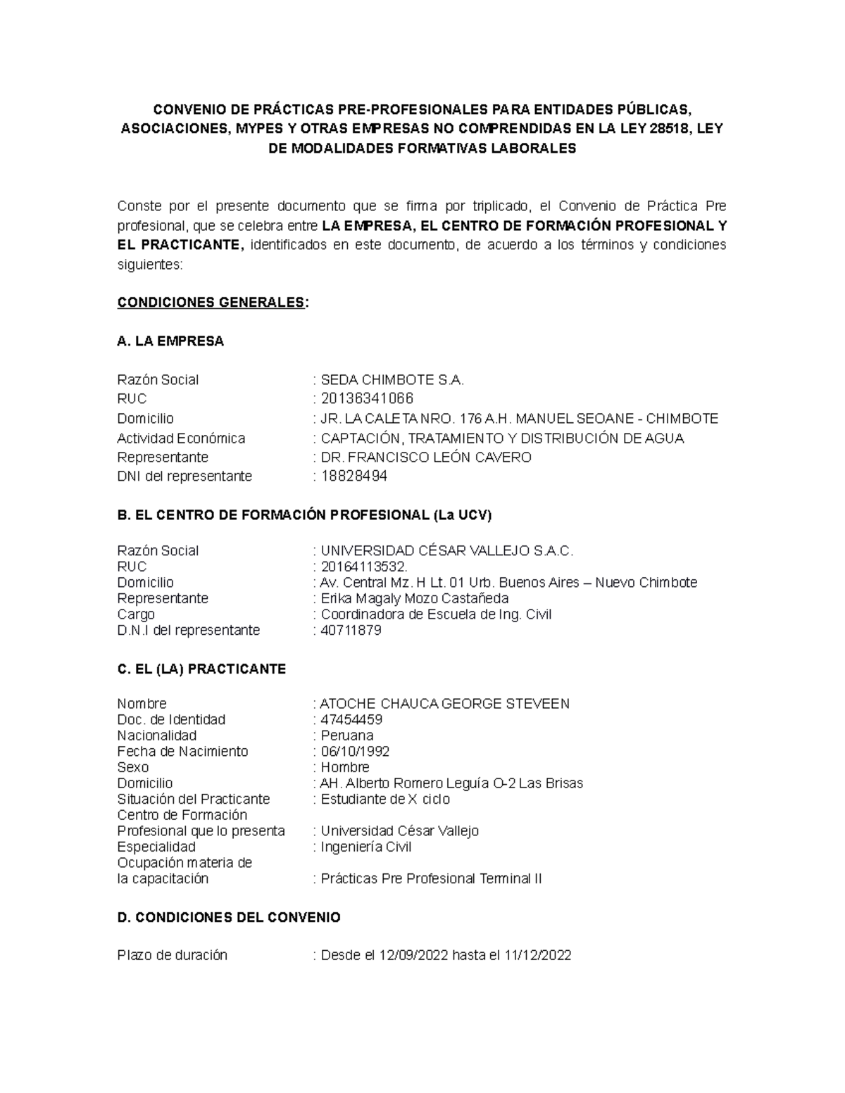 CONVENIO - PRACTICAS - CONVENIO DE PRÁCTICAS PRE-PROFESIONALES PARA ...