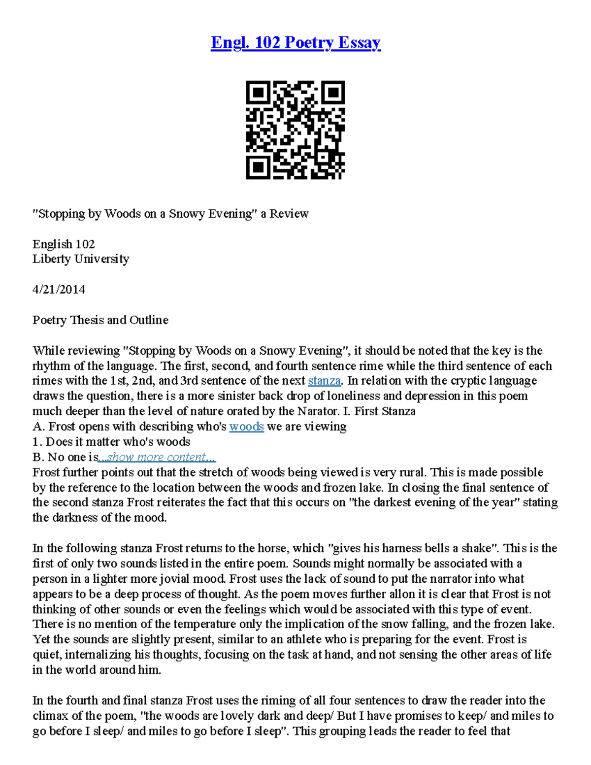Poetry Essay Structure - Engl. 102 Poetry Essay "Stopping by Woods on a ...