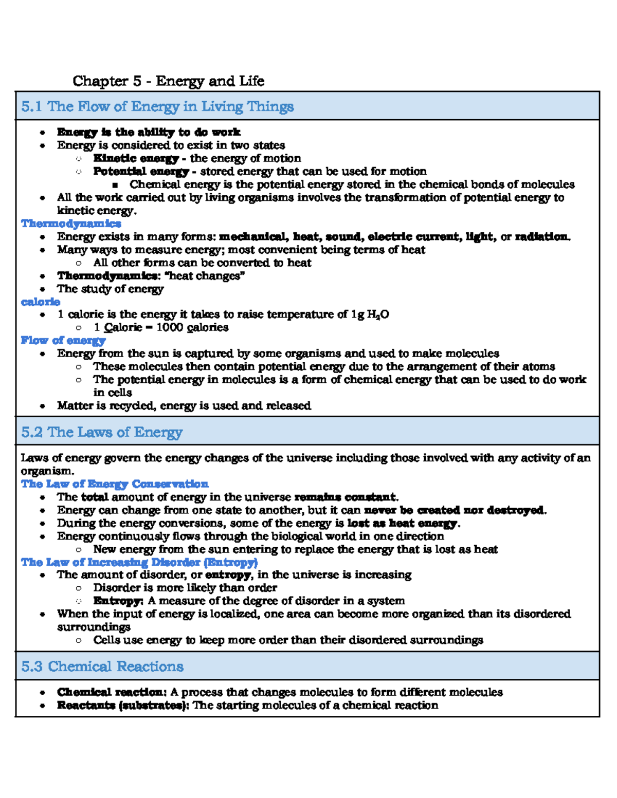 Chapter 5 - Energy and Life (BIOL 100) - Chapter 5 - Energy and Life 5 ...
